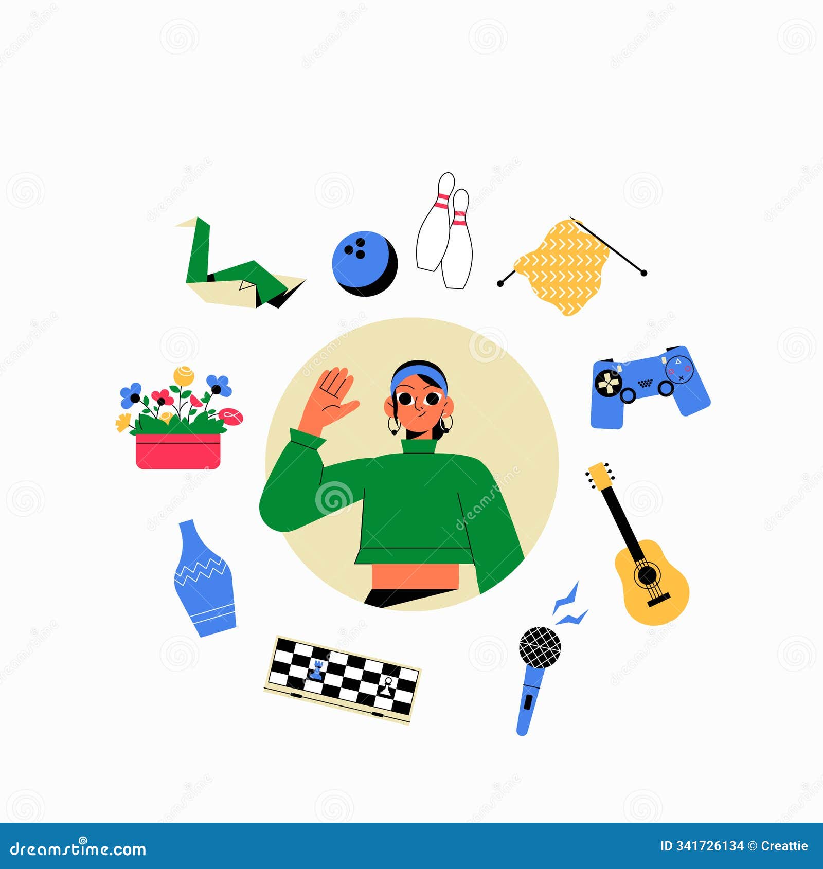 Girl with Hobbies and Recreational Items in Flat Vector Illustration ...
