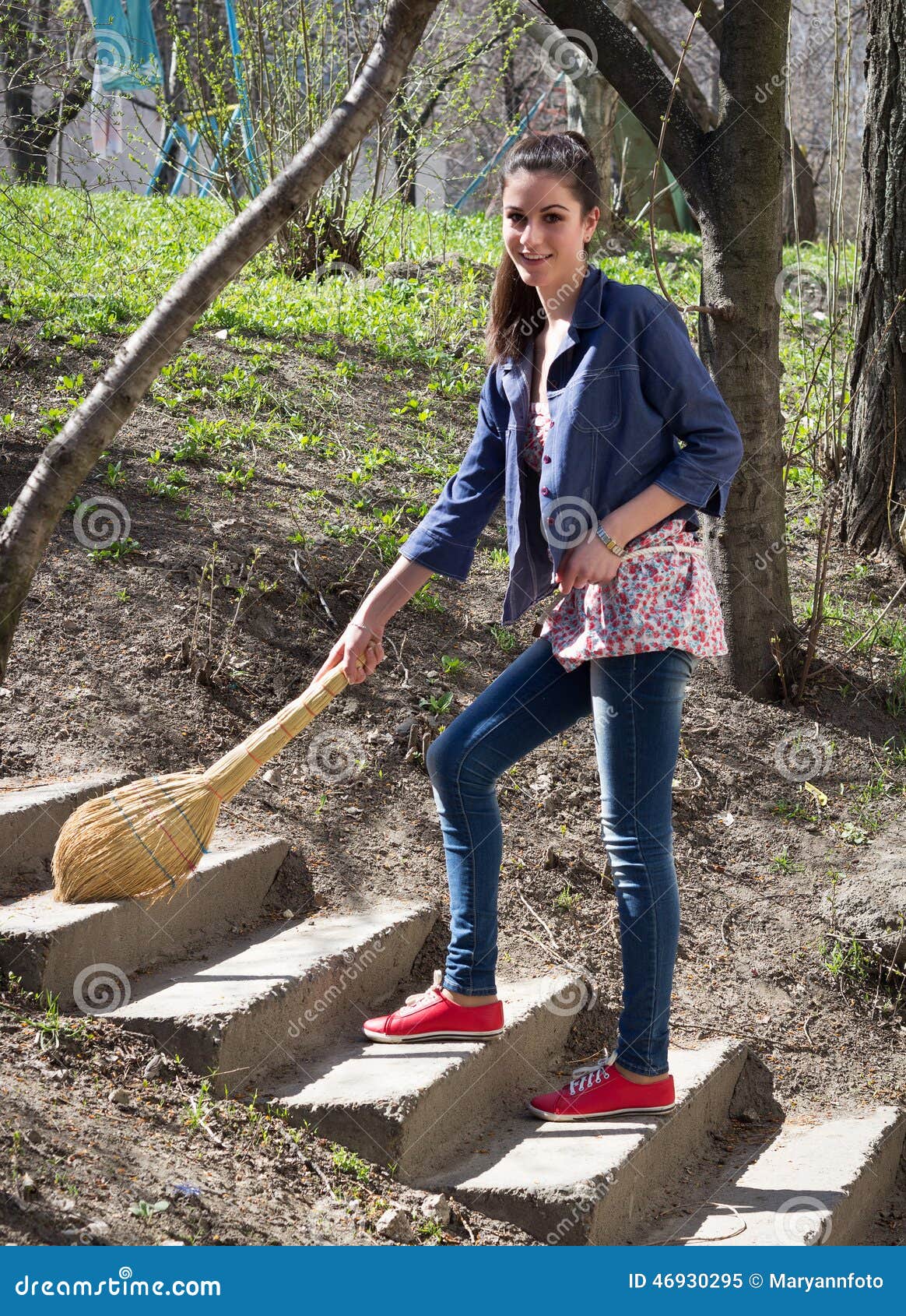 Girl sweeps with a sweeper stock image. Image of housekeeping - 46930295
