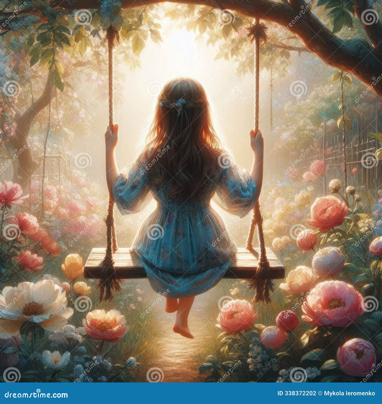 Girl on a Swing in the Garden among Flowers. Space for Text. Stock ...