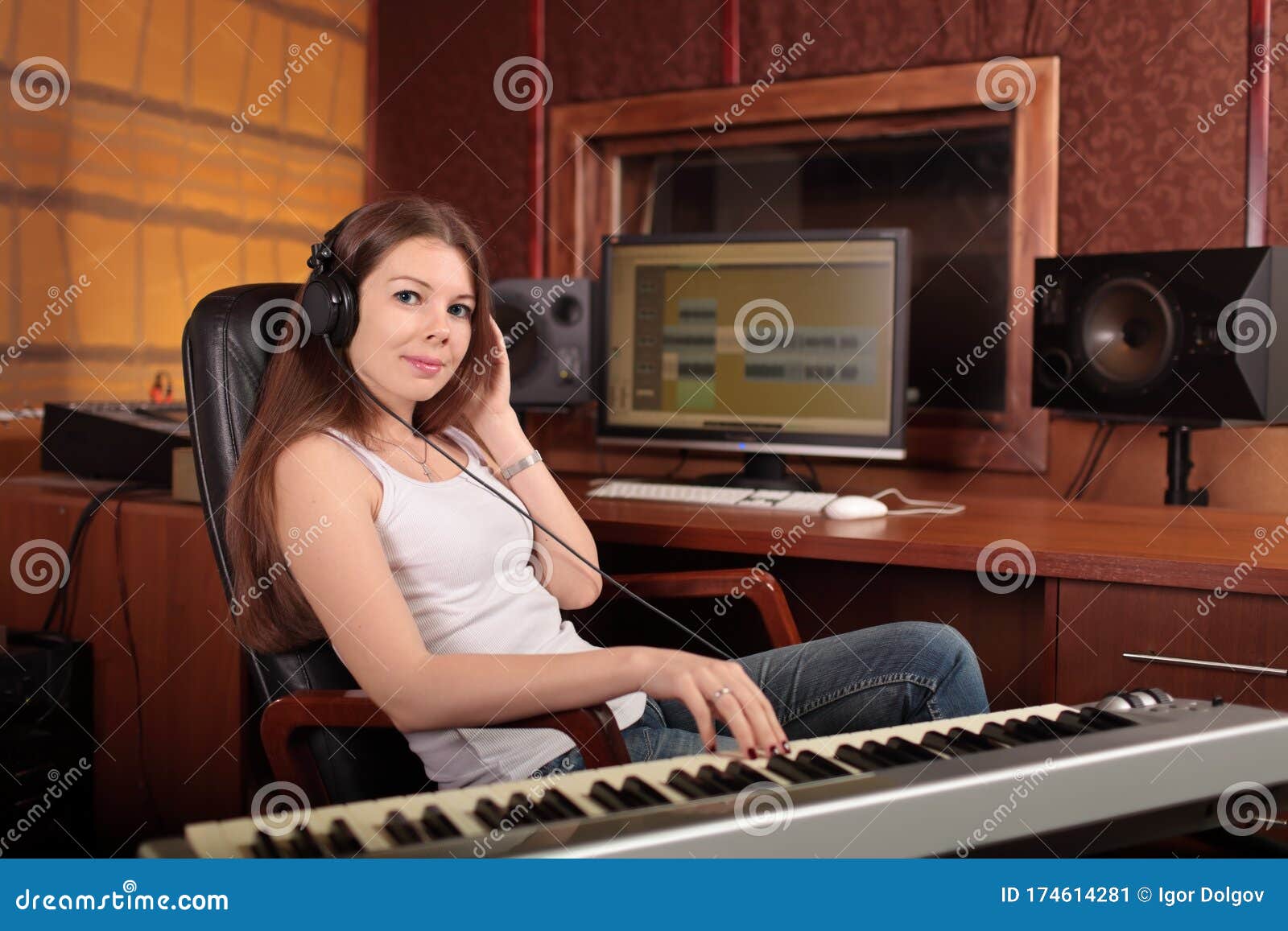Girl with a synthesizer stock image. Image of electronic - 174614281