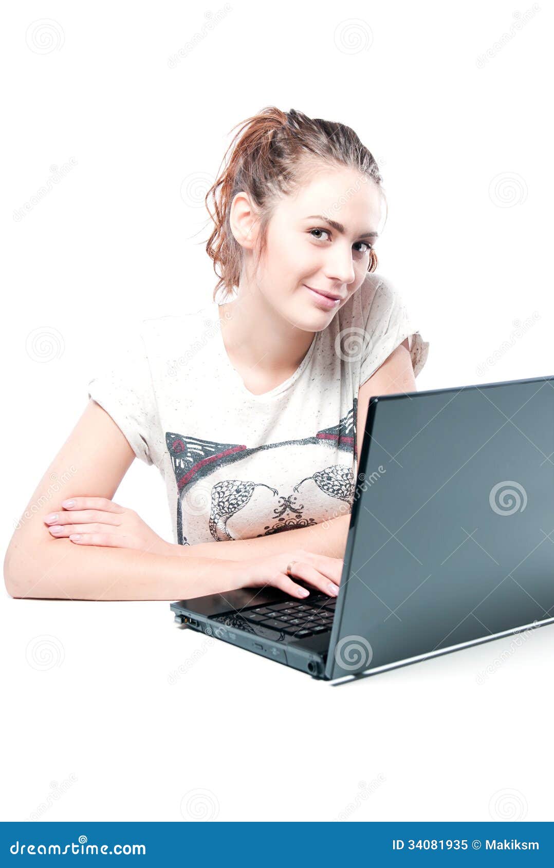 Girl at the Table with a Computer Stock Image - Image of looking ...