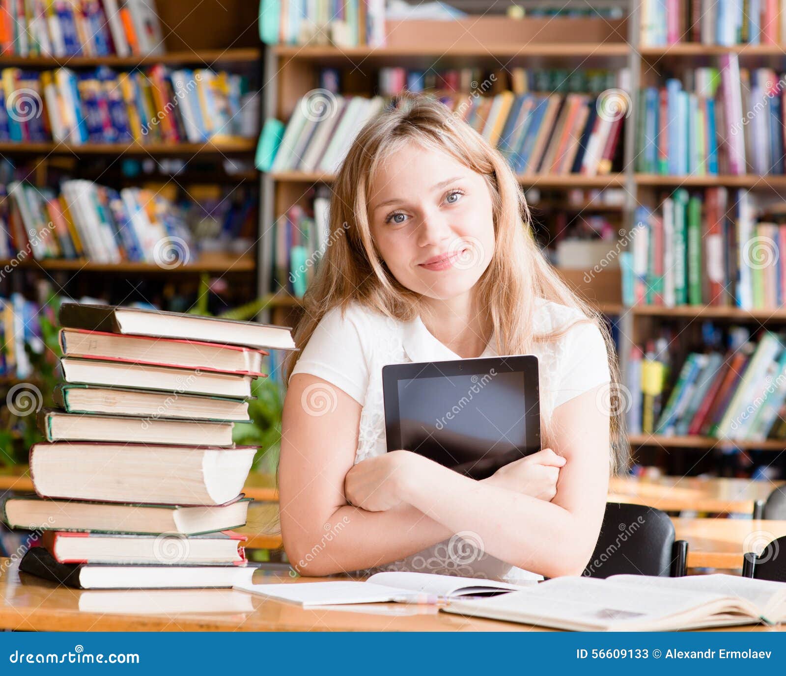 Girl with Tablet Computer in Library Stock Image - Image of college ...