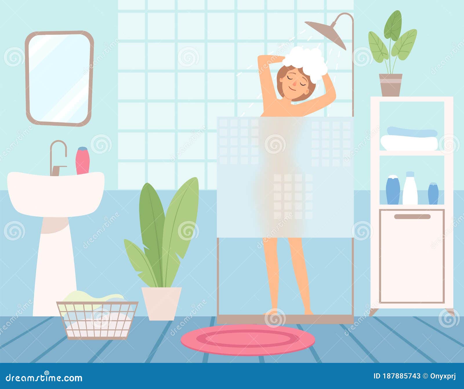 Girl Takes Shower Bathroom Interior Hygiene Procedures Stock Vector