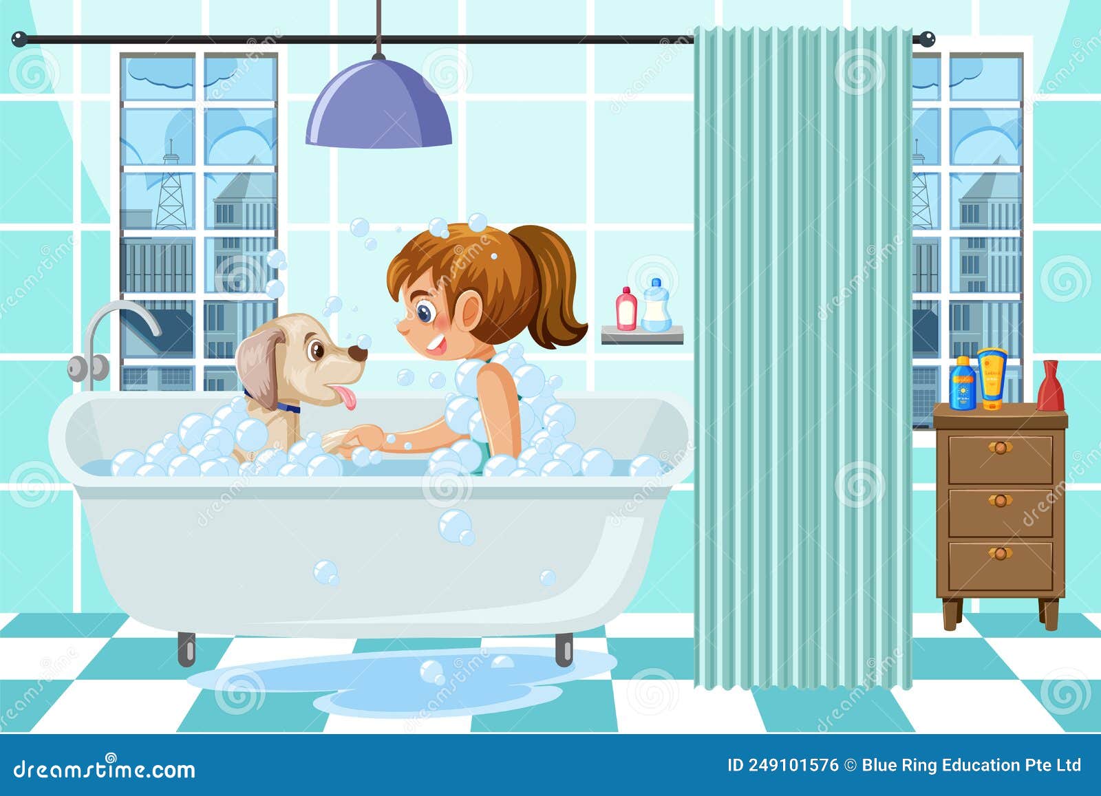 A Girl Taking a Bath with a Dog Stock Vector - Illustration of cartoon ... A Girl Taking a Bath with a Dog Stock Vector - Illustration of cartoon ...