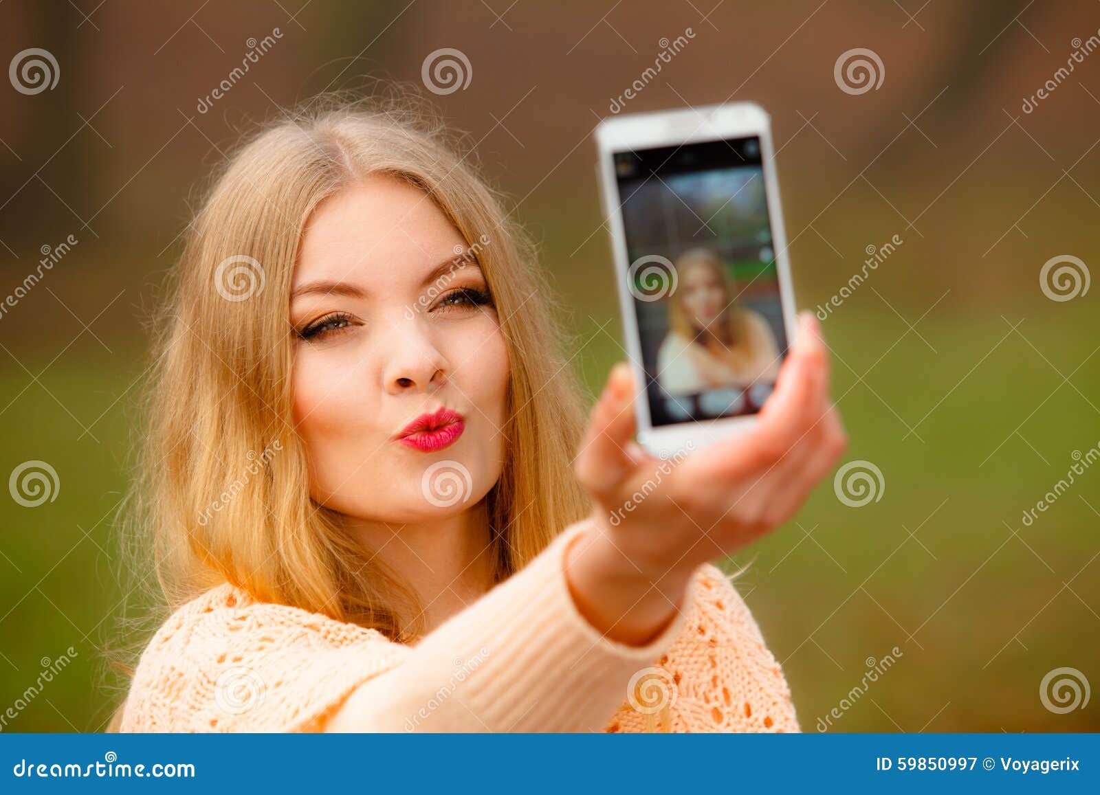 Girl Taking Self Picture With Phone Outdoors Stock Image Image Of