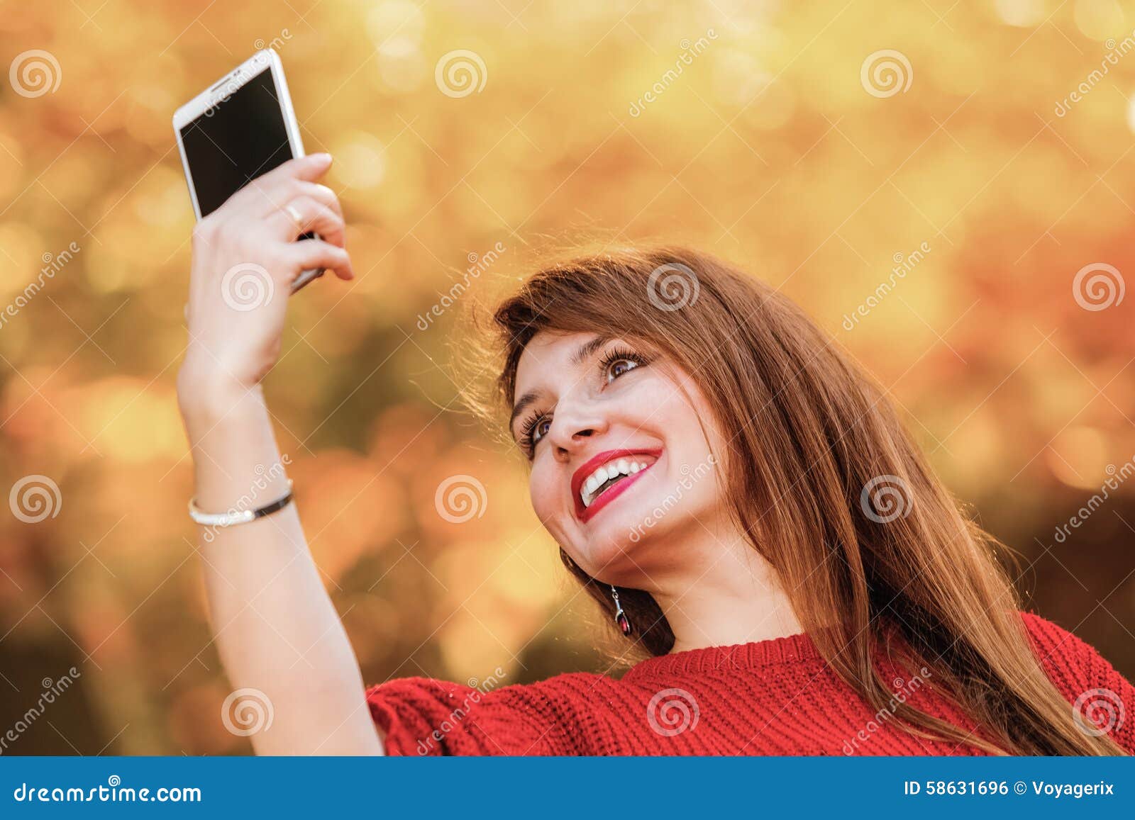 Girl Taking Self Picture Selfie With Smartphone Camera Outdoors Stock