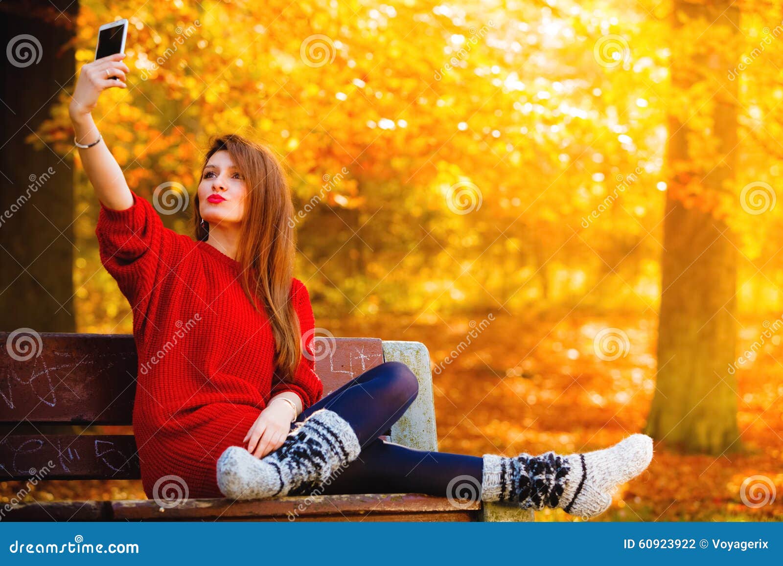 Girl Taking Self Picture Selfie With Smartphone Camera Outdoors Stock
