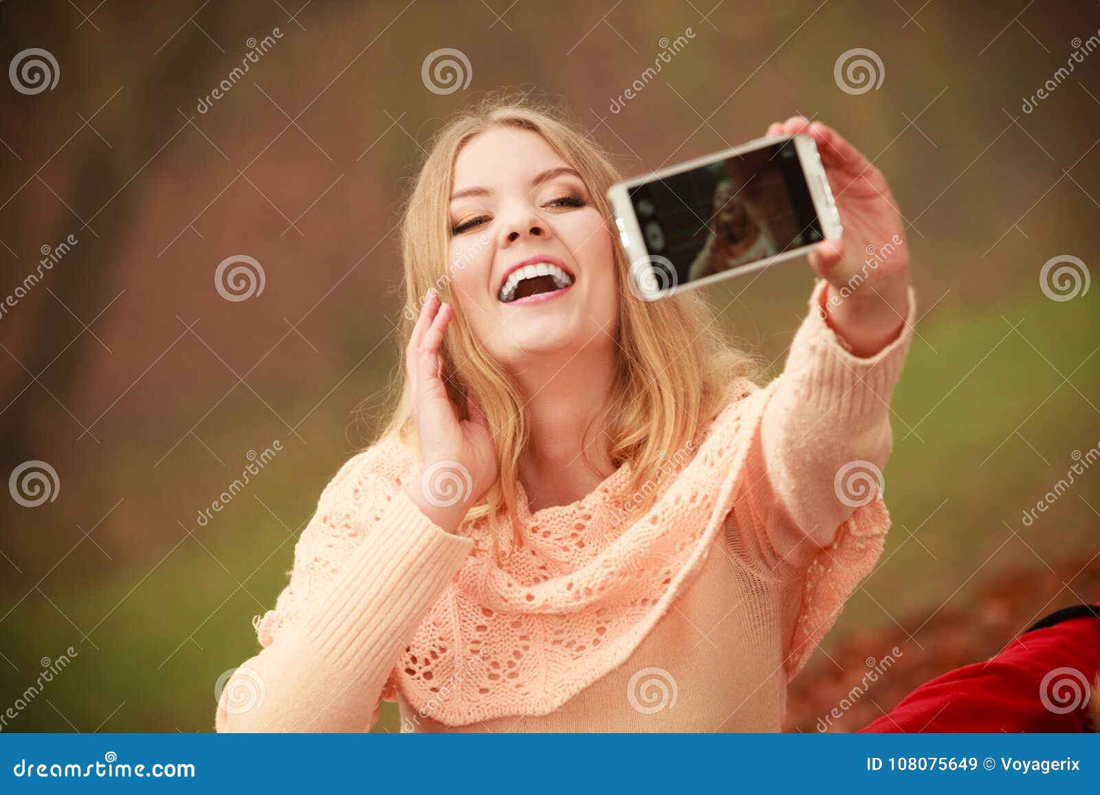 Girl Taking Self Picture With Smartphone Camera Outdoors Stock Image