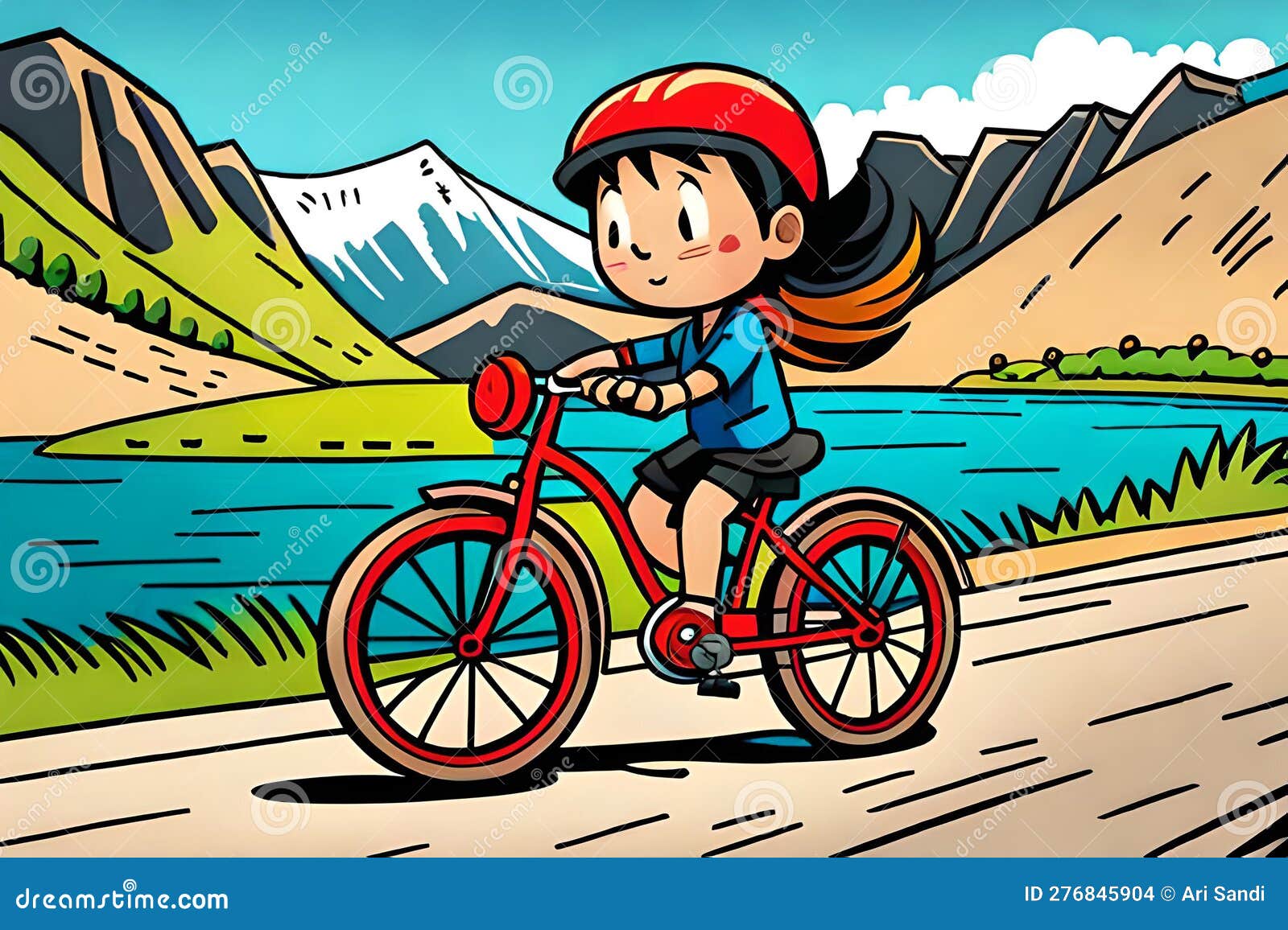 A Girl is Taking a Walk by the Lake by Using Her Bicycle. Comic Style ...