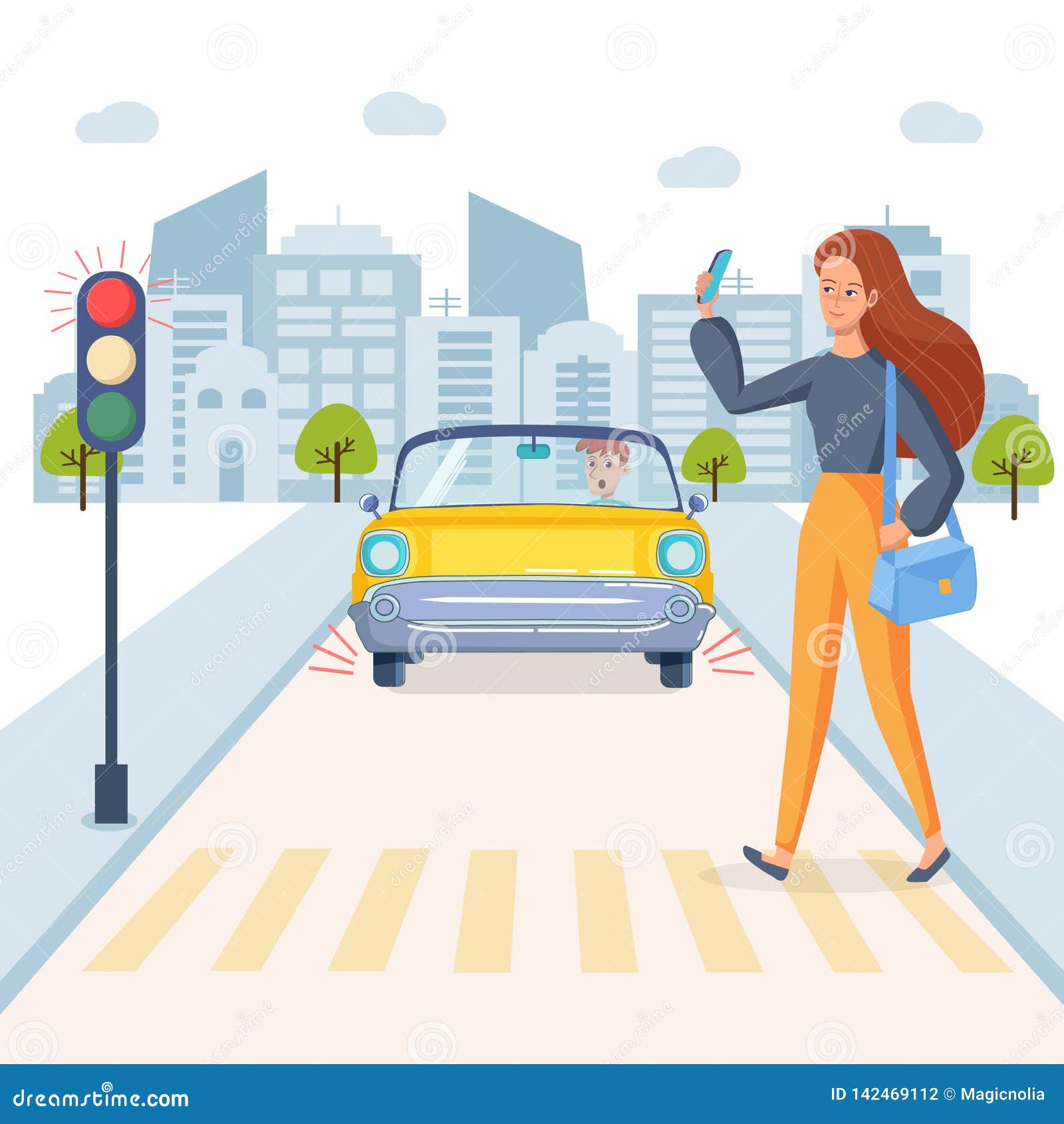 Girl Talking the Phone and Cross the Road. There is Red Light on a ... Girl Talking the Phone and Cross the Road. There is Red Light on a ...