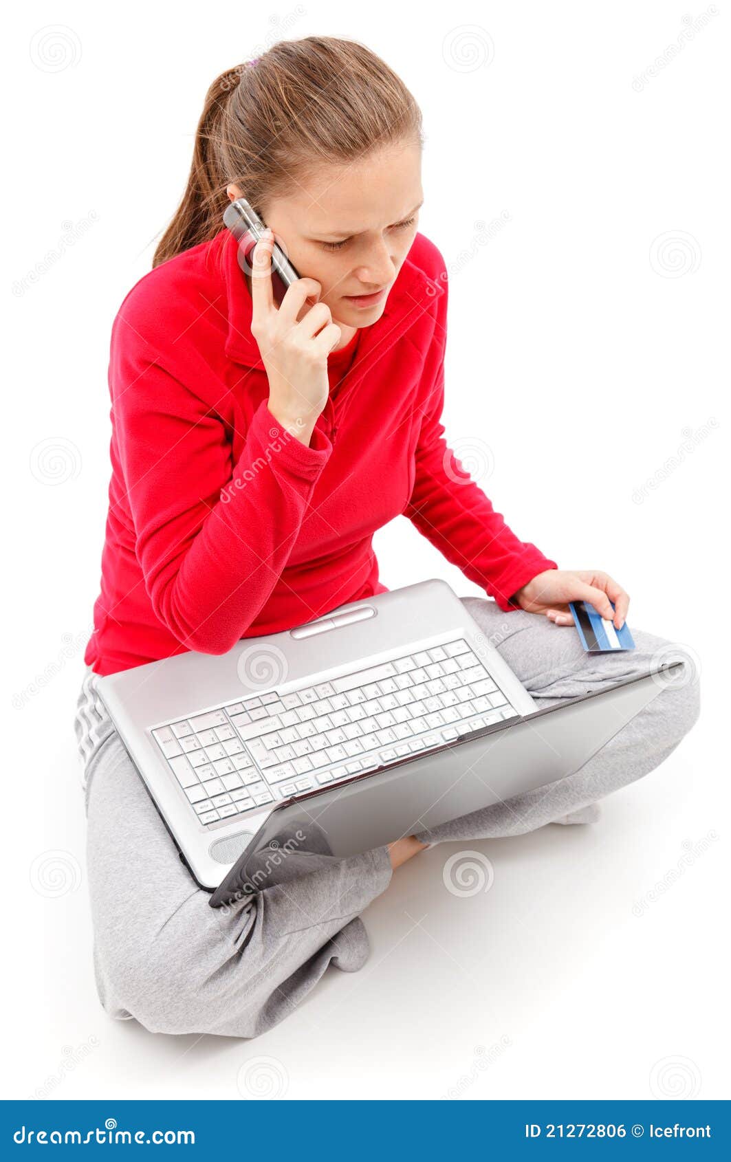 Girl Talking on the Phone with Laptop in Her Lap Stock Photo - Image of ...