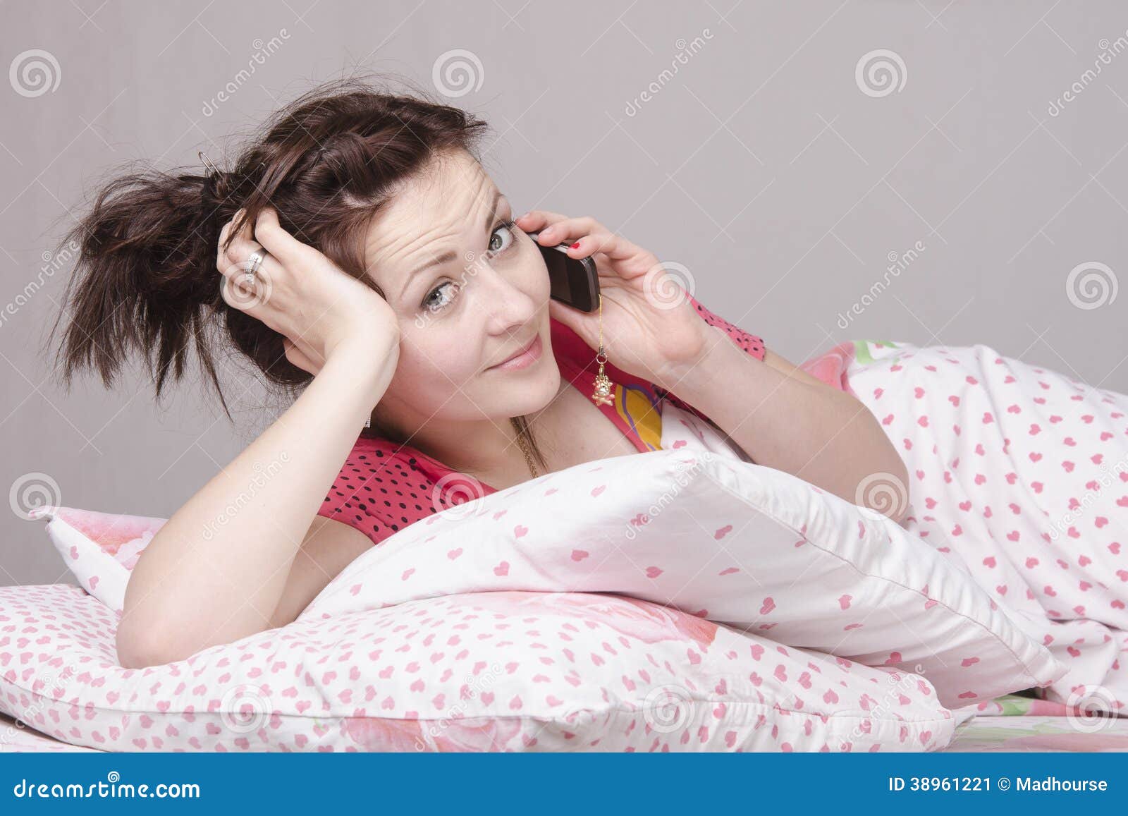 Girl Talking on the Phone, Lying in Bed Stock Image - Image of bathrobe ...