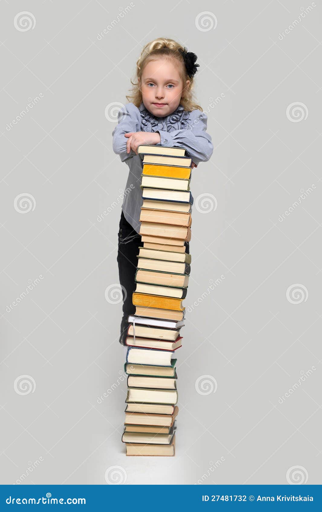 Girl and a Tall Stack of Books Stock Photo - Image of beautiful, happy ...