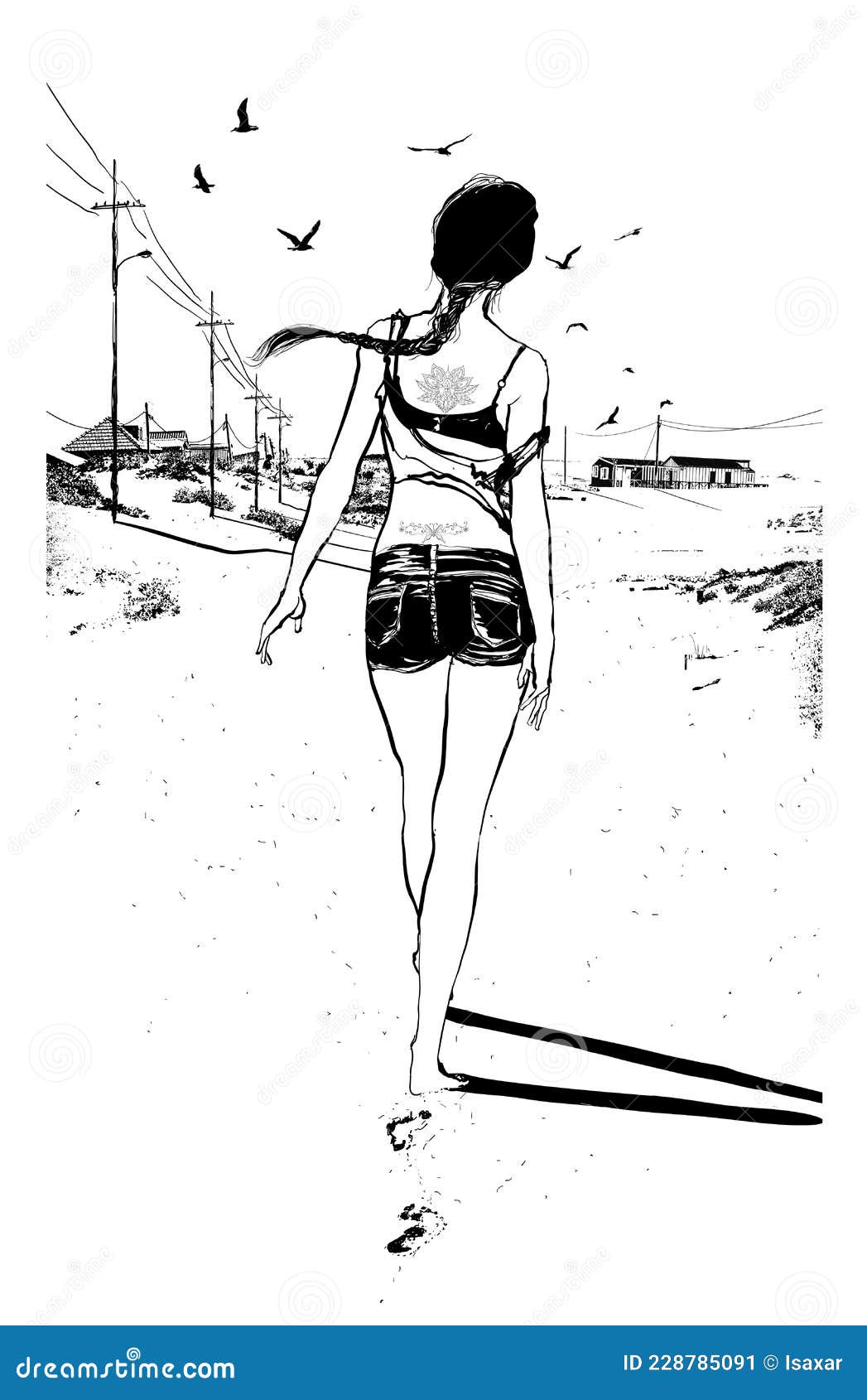 Girl with Tattoo and Braid Walking To the Beach Stock Vector ...