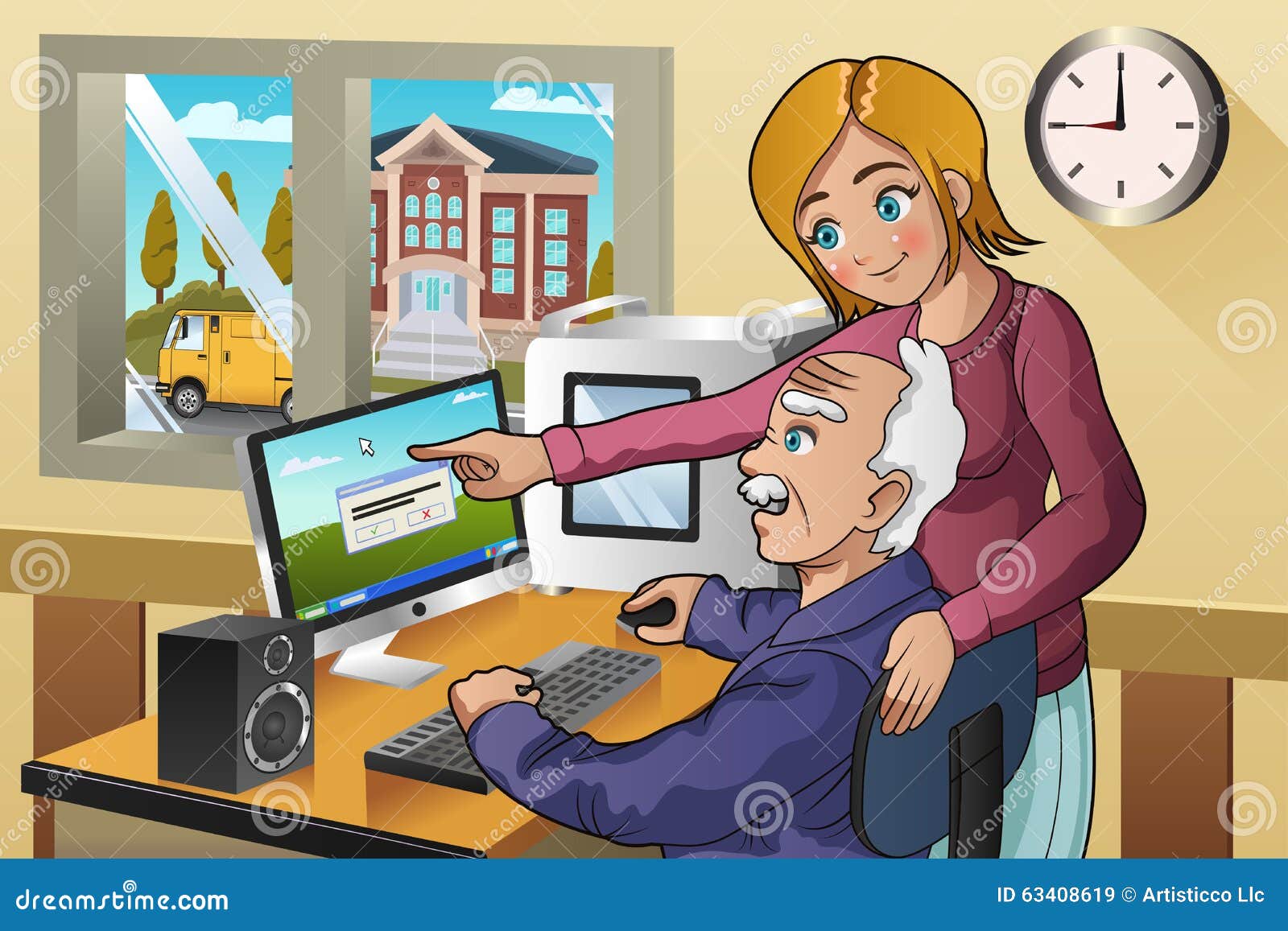 Girl Teaching Senior How To Use a Computer Stock Vector - Illustration ...