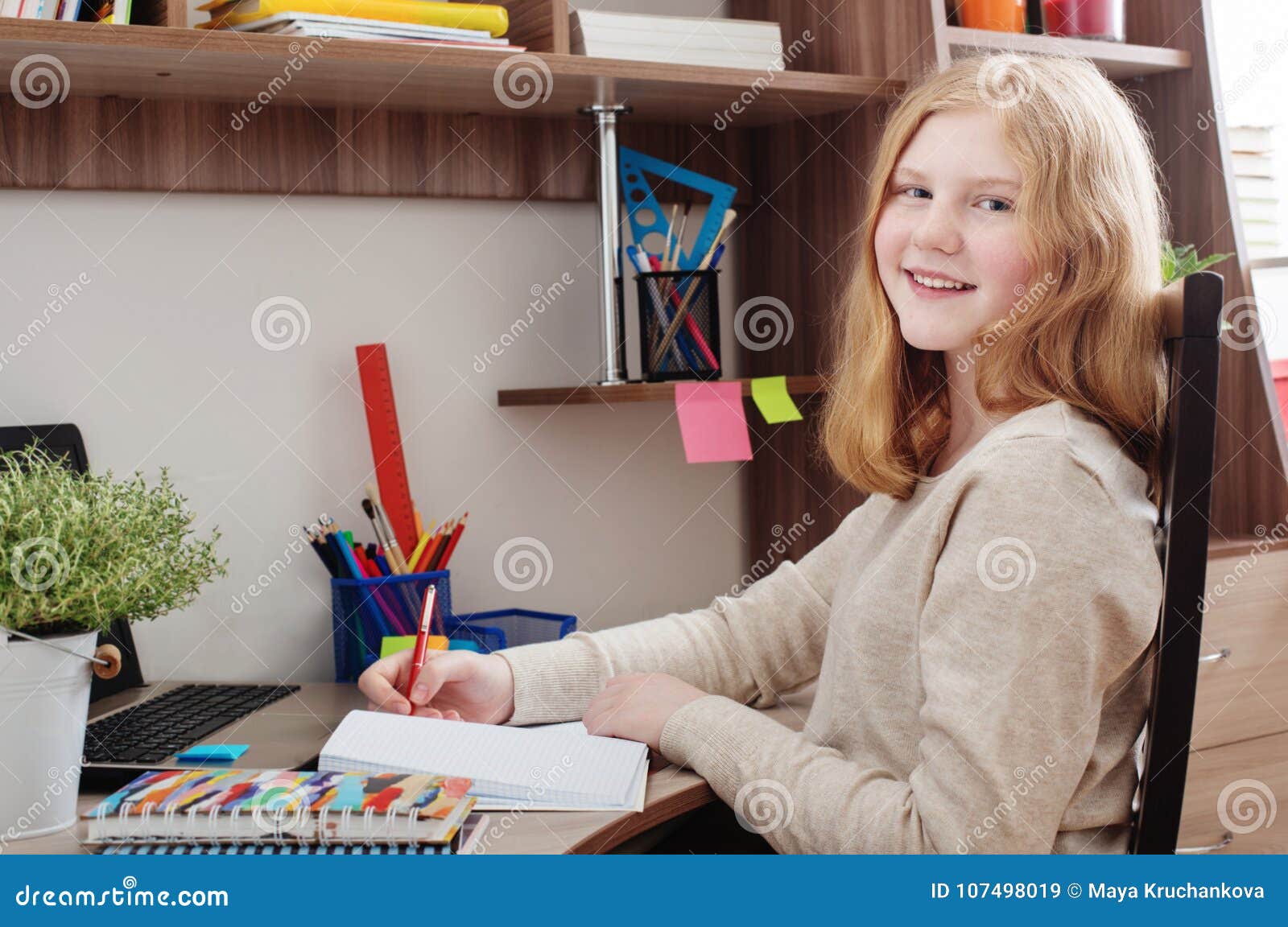 Girl Teenager Doing Homework Stock Image - Image of desk, smiling ...