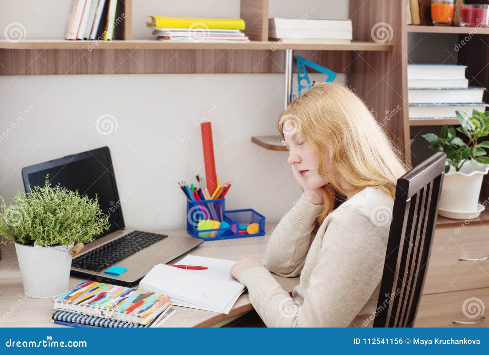 Girl Teenager Doing Homework Stock Photo - Image of learning, laptop ...
