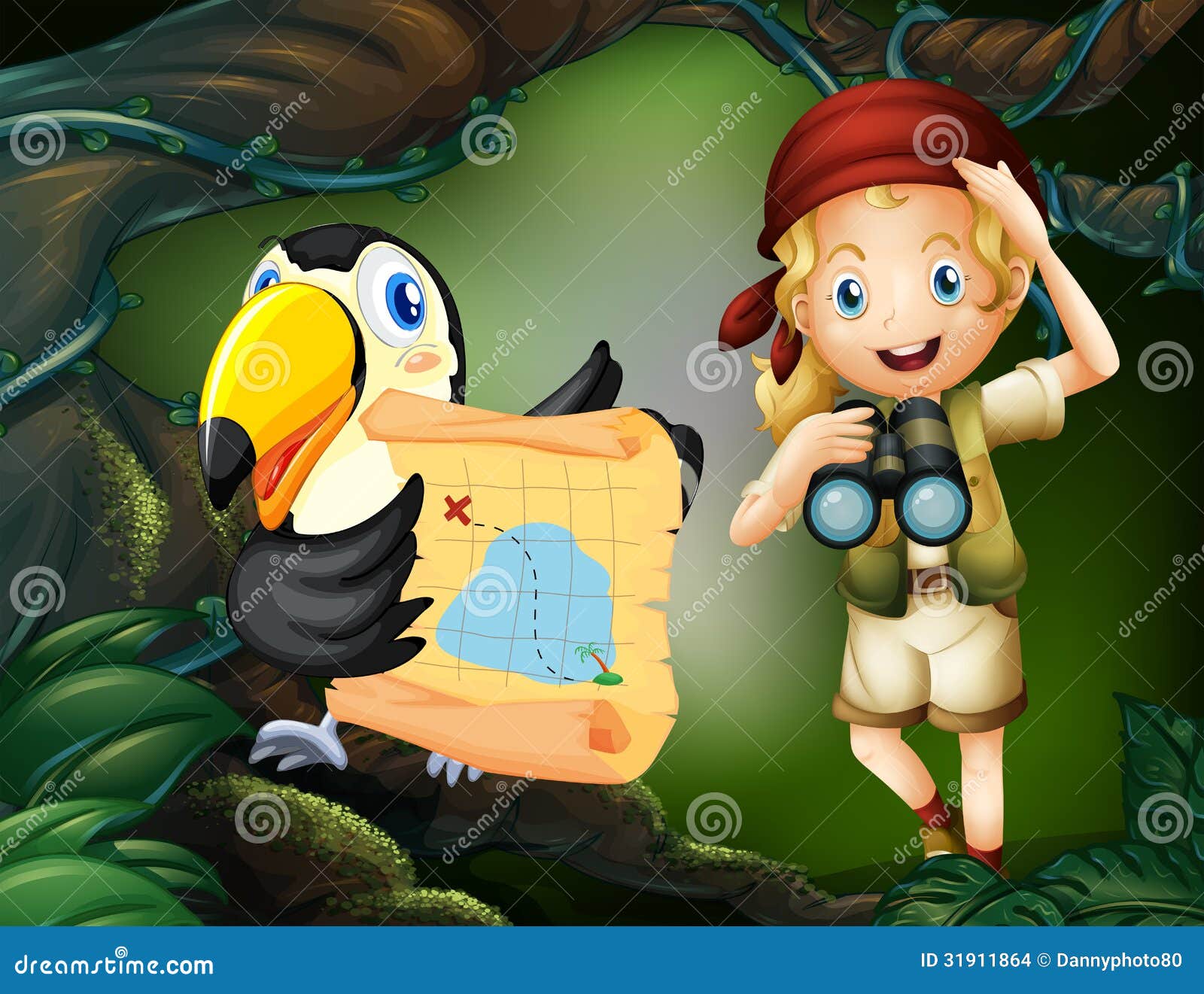 A Girl with a Telescope and a Bird with a Map Stock Vector ...