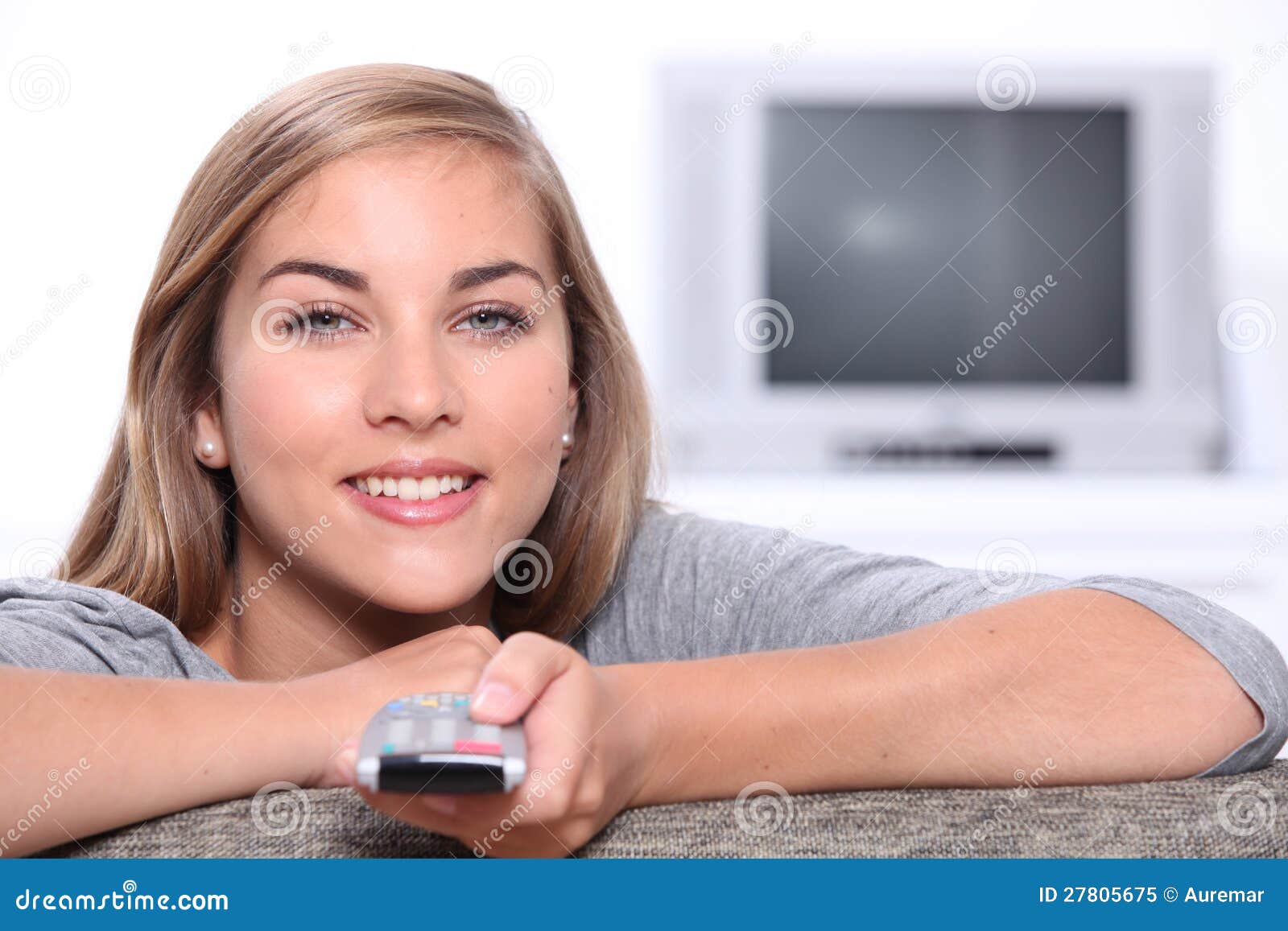 Girl with Television Remote Control Stock Image - Image of changing ...