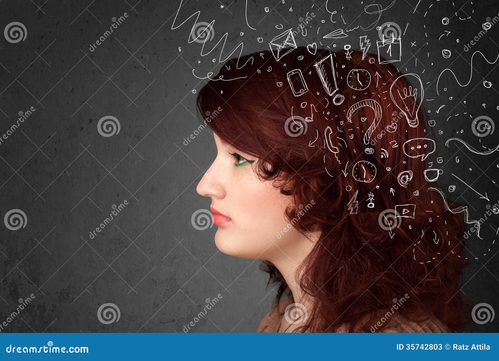 Girl Thinking with Abstract Icons on Her Head Stock Image - Image of ...