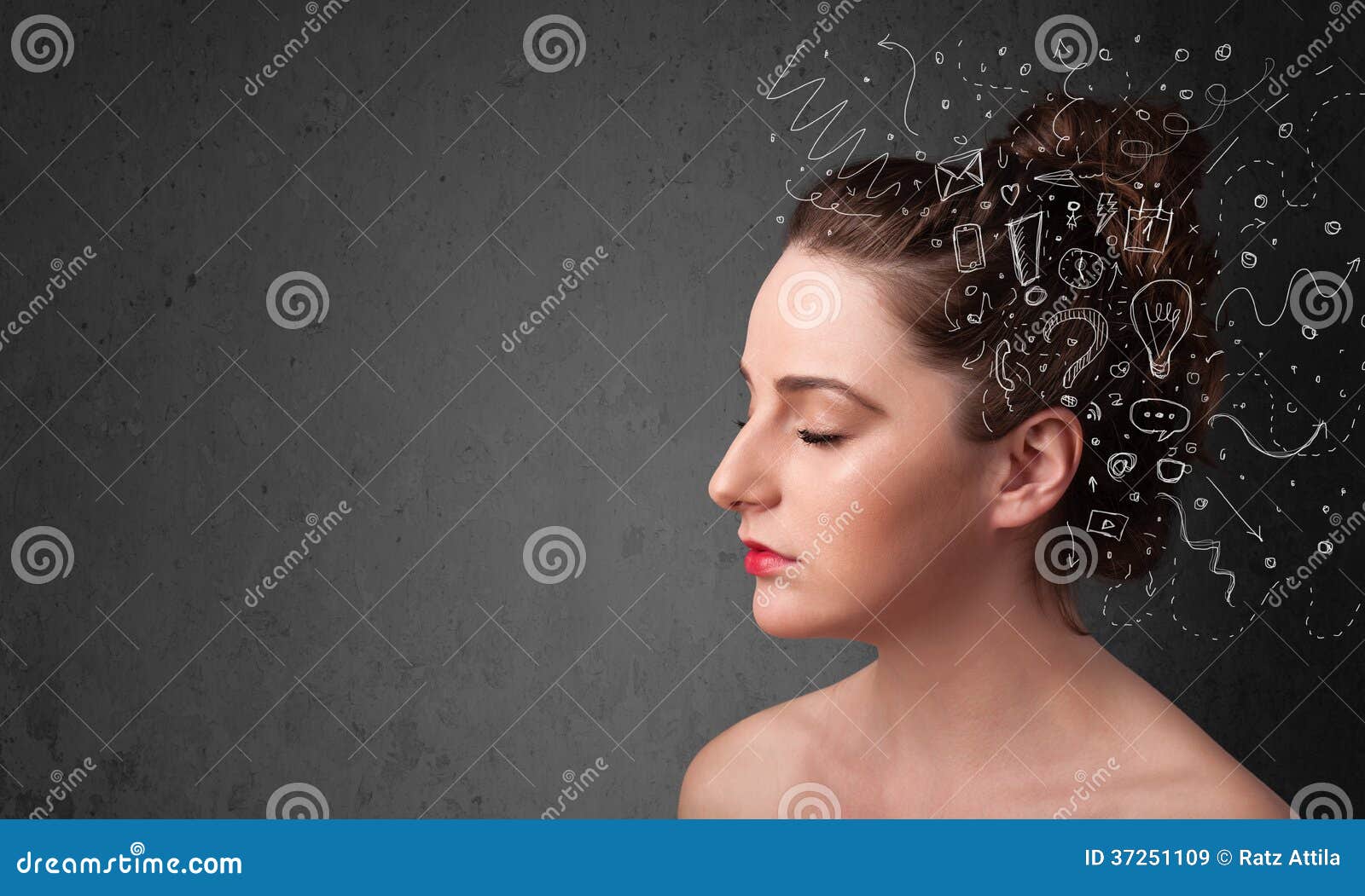 Girl Thinking with Abstract Icons on Her Head Stock Image - Image of ...