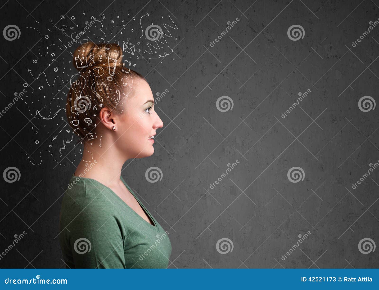 Girl Thinking with Abstract Icons on Her Head Stock Image - Image of ...
