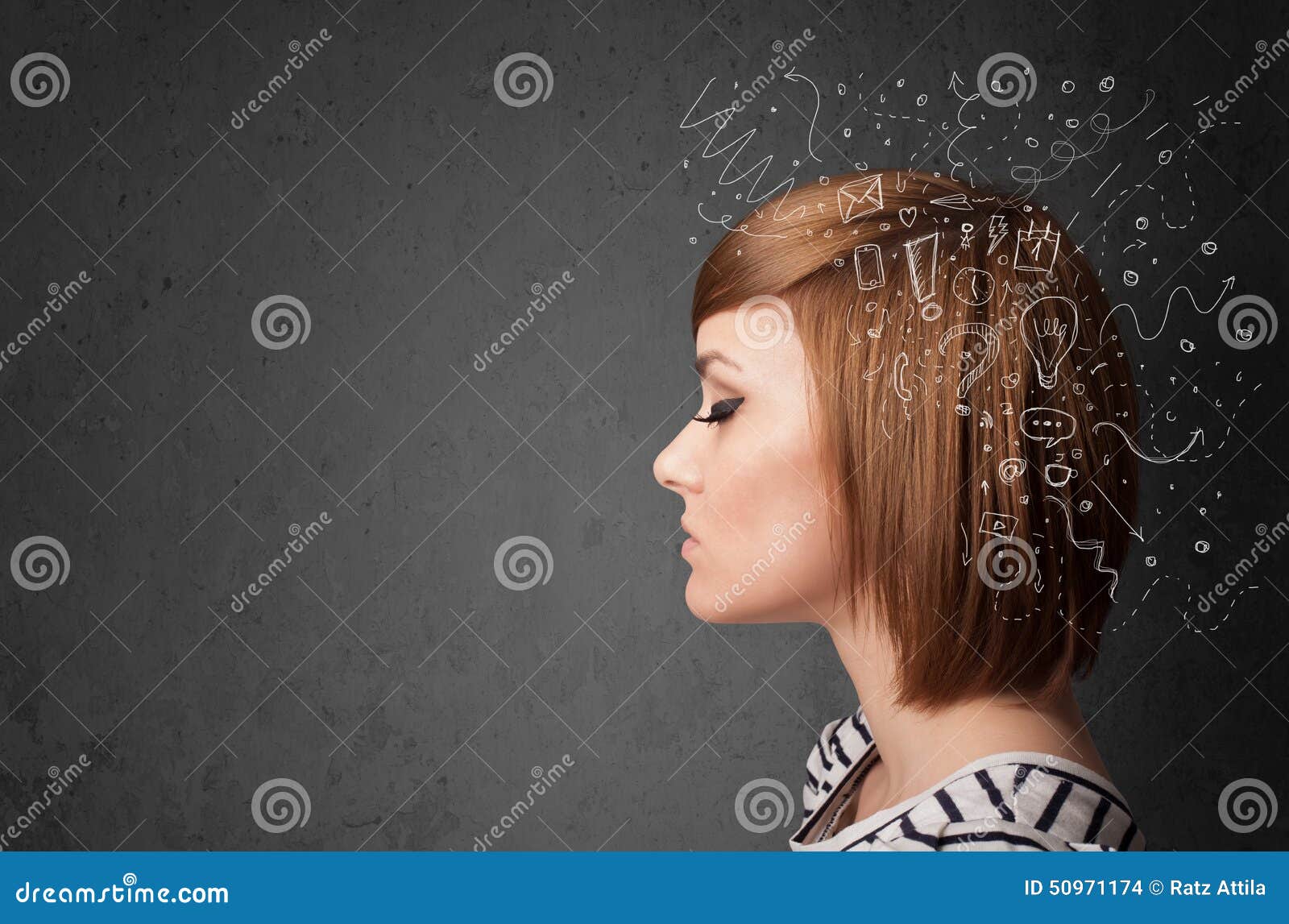 Girl Thinking with Abstract Icons on Her Head Stock Photo - Image of ...