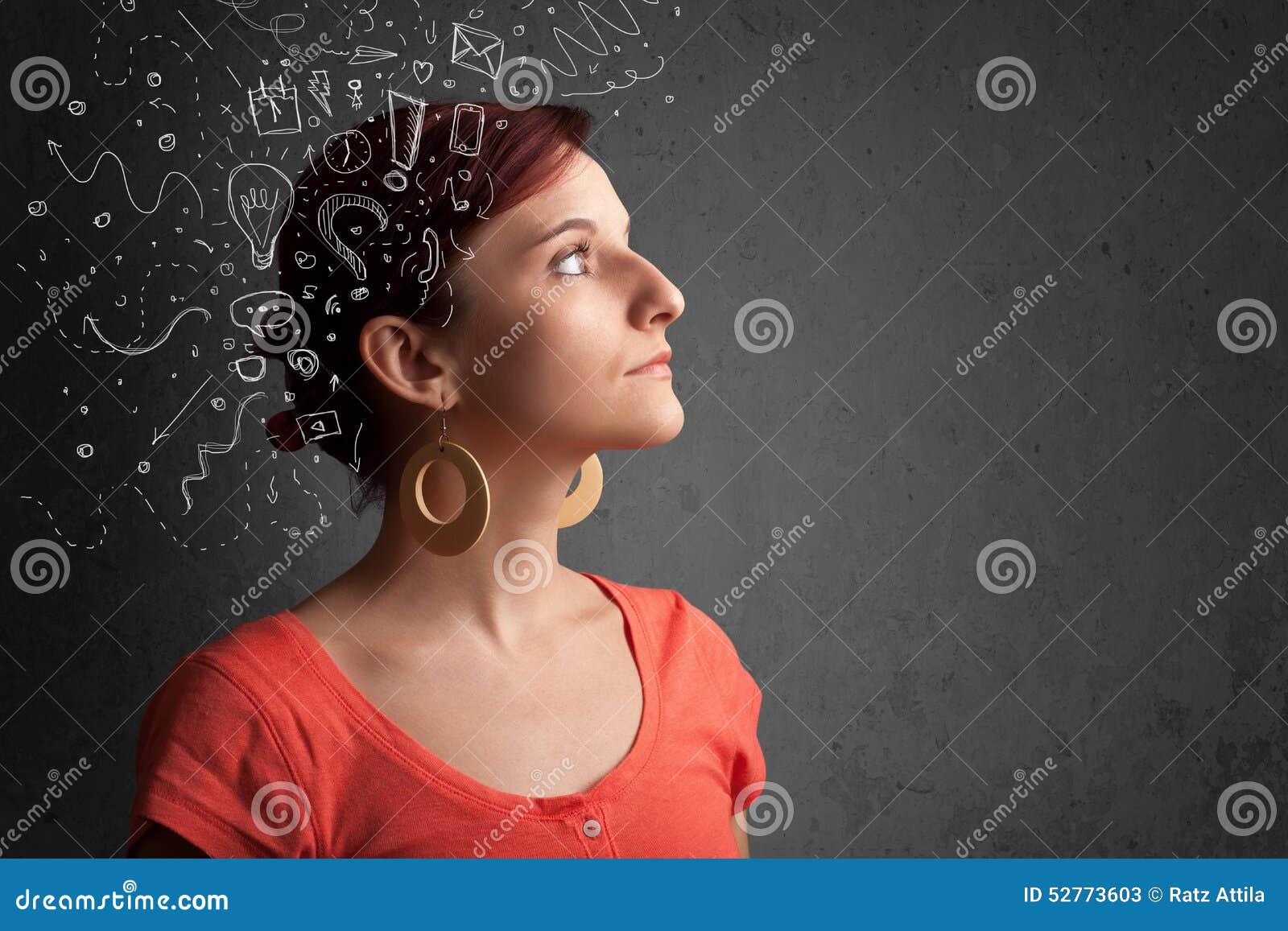 Girl Thinking with Abstract Icons on Her Head Stock Image - Image of ...