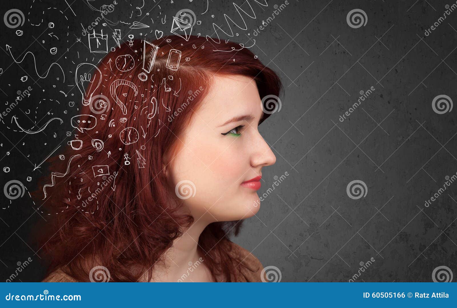 Girl Thinking with Abstract Icons on Her Head Stock Photo - Image of ...