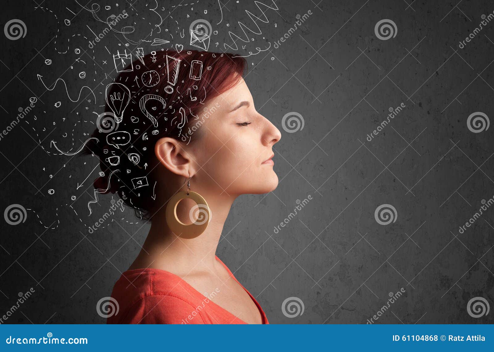 Girl Thinking with Abstract Icons on Her Head Stock Photo - Image of ...