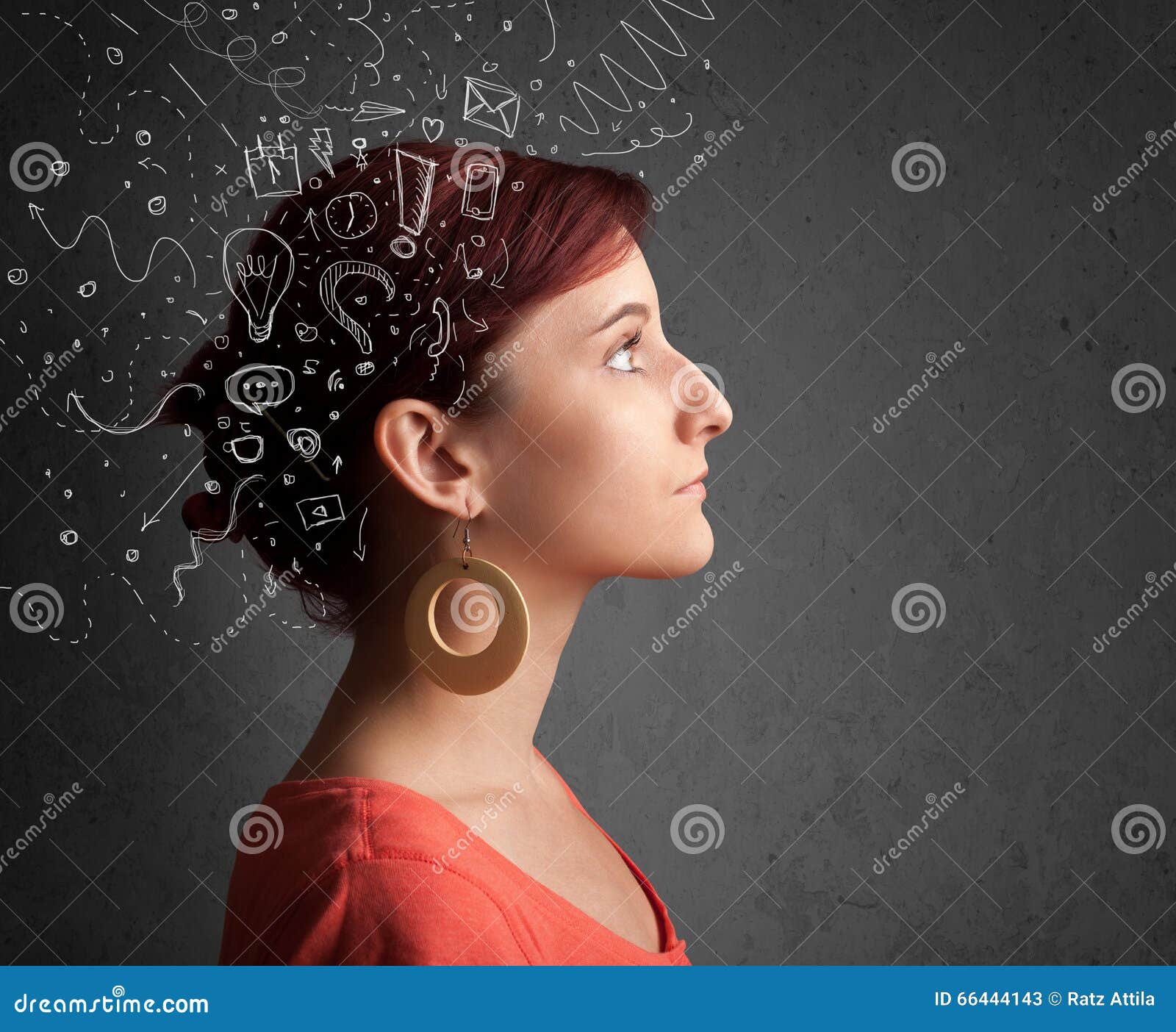 Girl Thinking with Abstract Icons on Her Head Stock Image - Image of ...