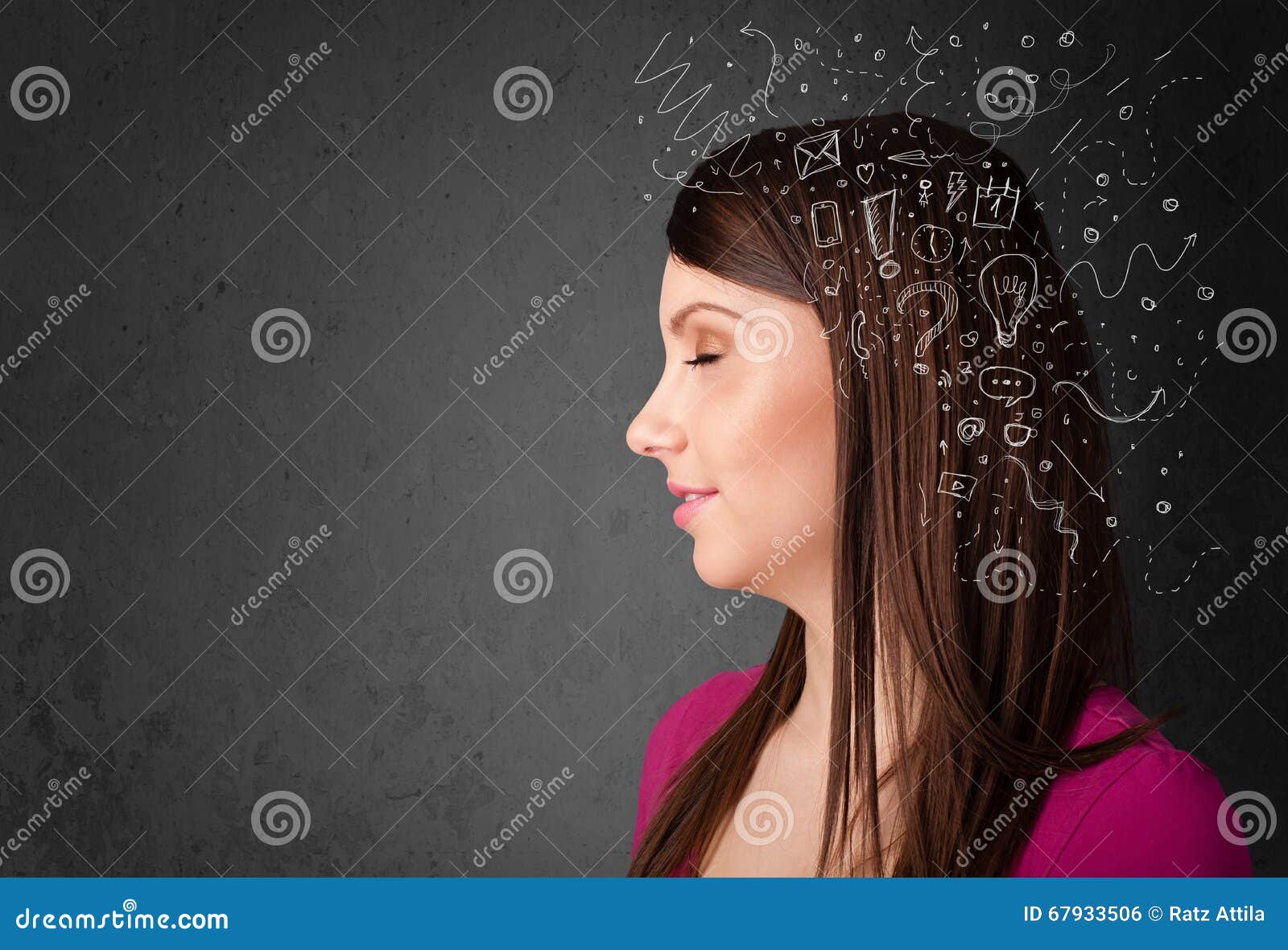 Girl Thinking with Abstract Icons on Her Head Stock Photo - Image of ...