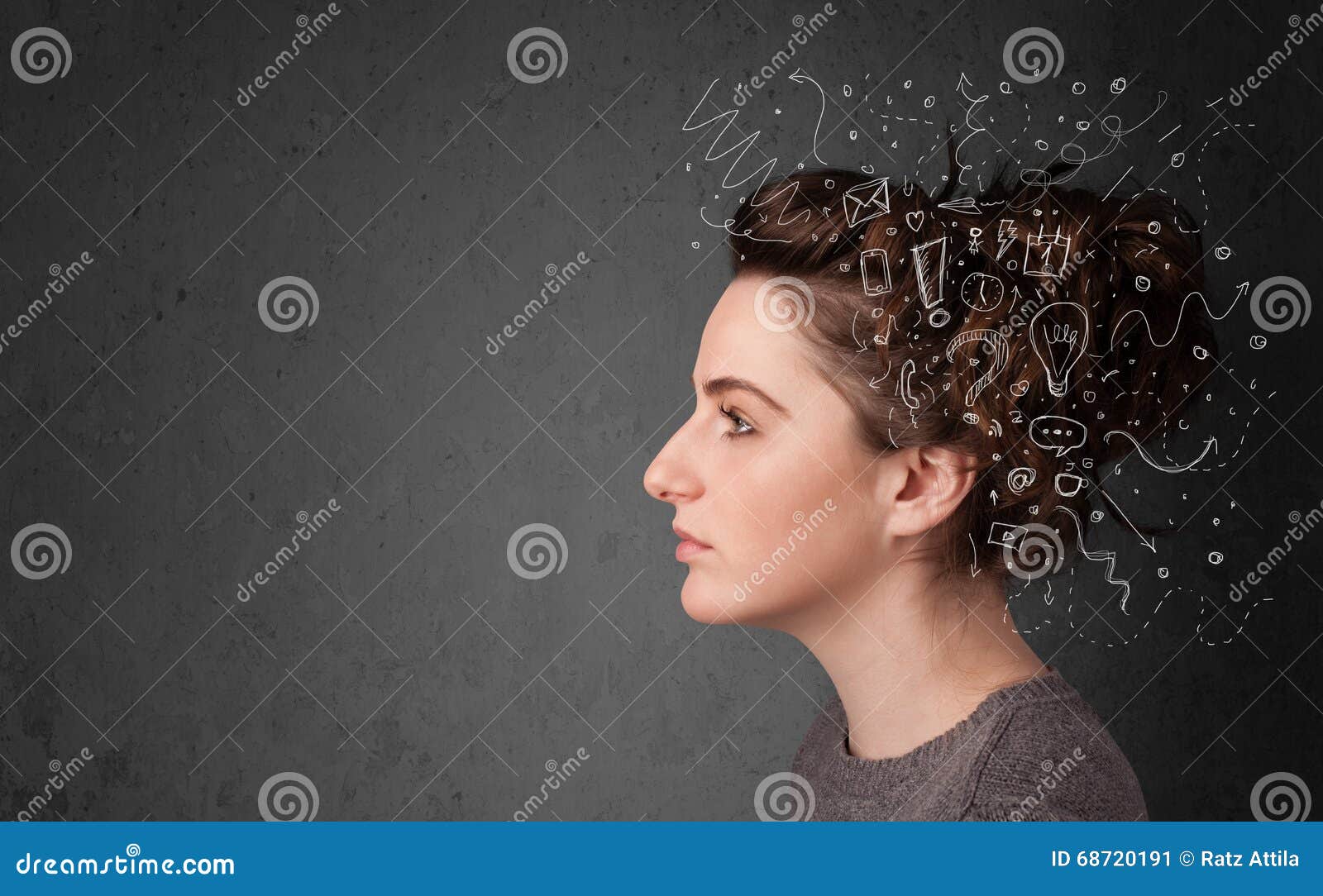 Girl Thinking with Abstract Icons on Her Head Stock Image - Image of ...