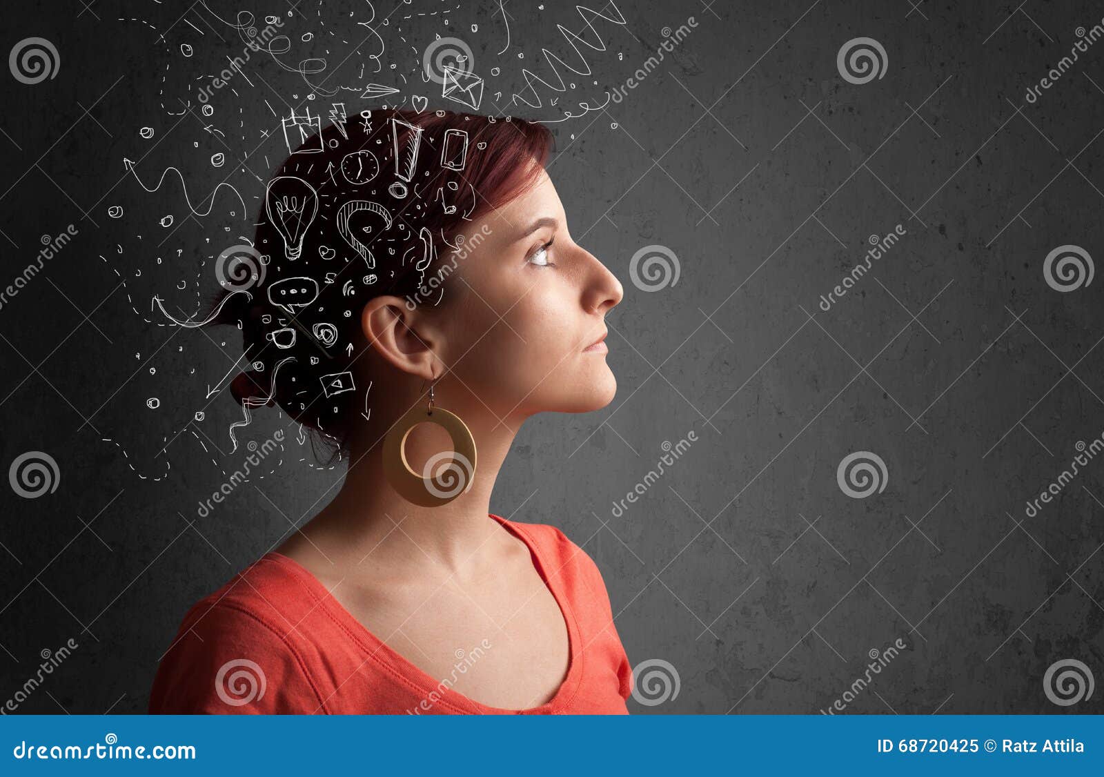Girl Thinking with Abstract Icons on Her Head Stock Image - Image of ...