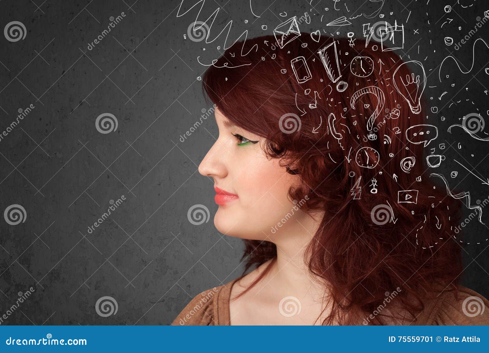 Girl Thinking with Abstract Icons on Her Head Stock Image - Image of ...