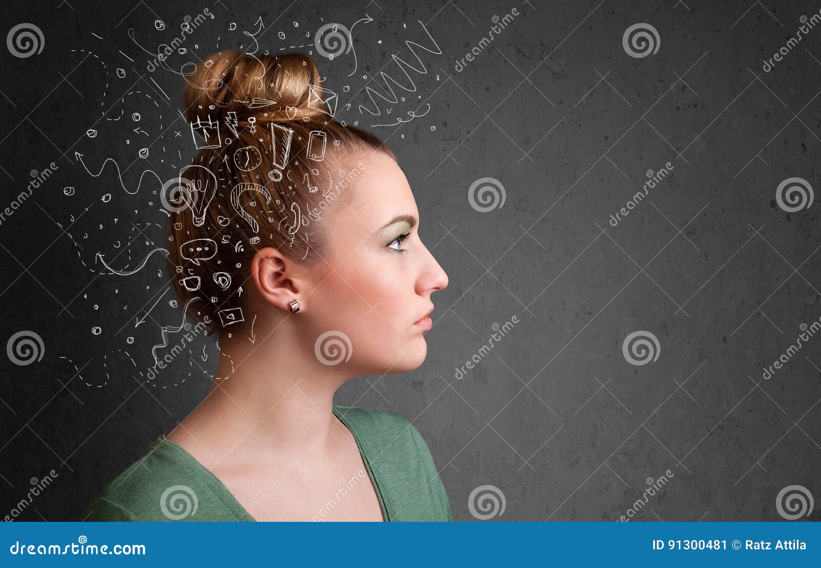 Girl Thinking with Abstract Icons on Her Head Stock Image - Image of ...
