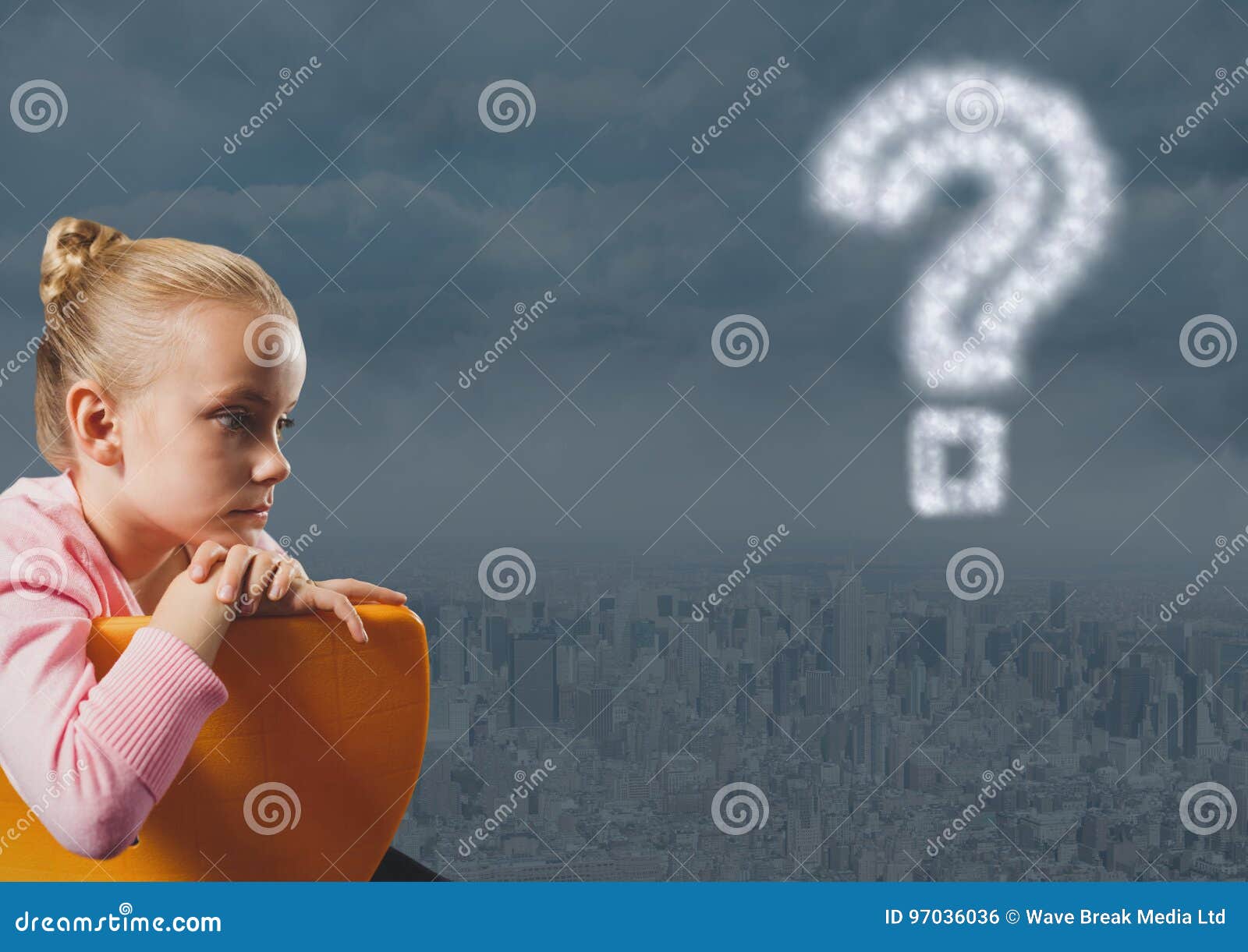 Girl Thinking and Contemplating Over City with Question Mark in the Sky ...