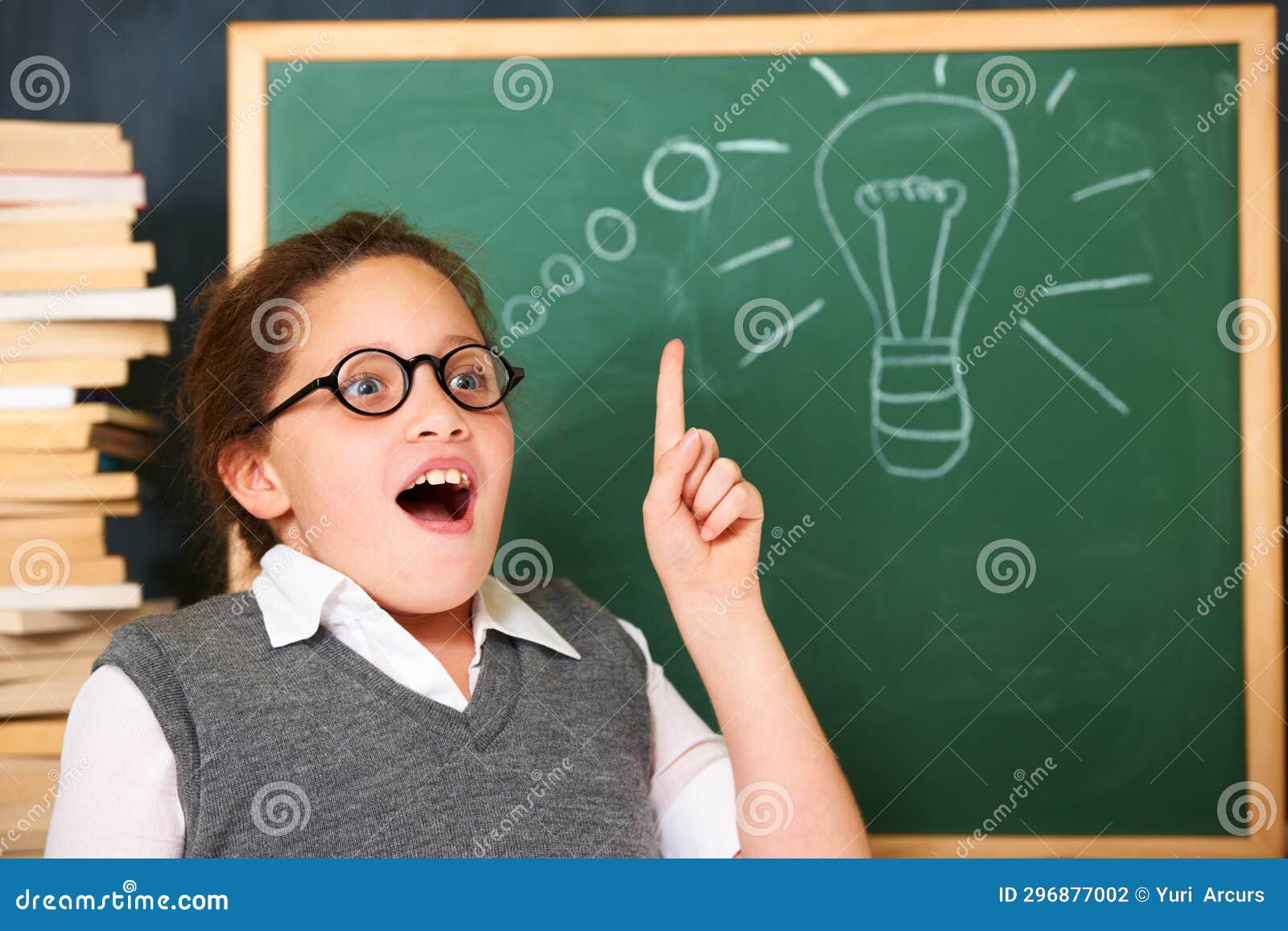 Girl, Thinking and Lightbulb on Chalkboard for Solution, Ideas and Wow ...