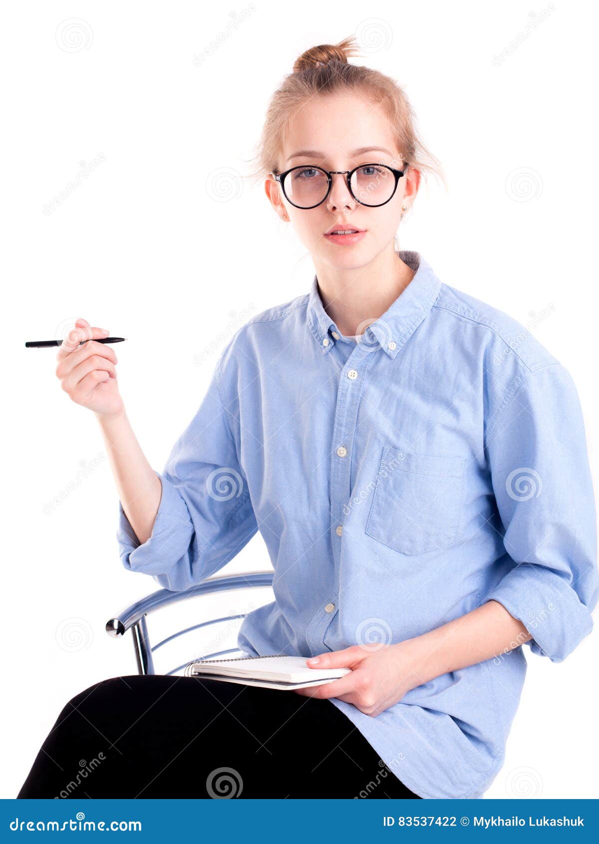 Girl Thinking about Text for Newspaper Article Isolated Stock Photo ...