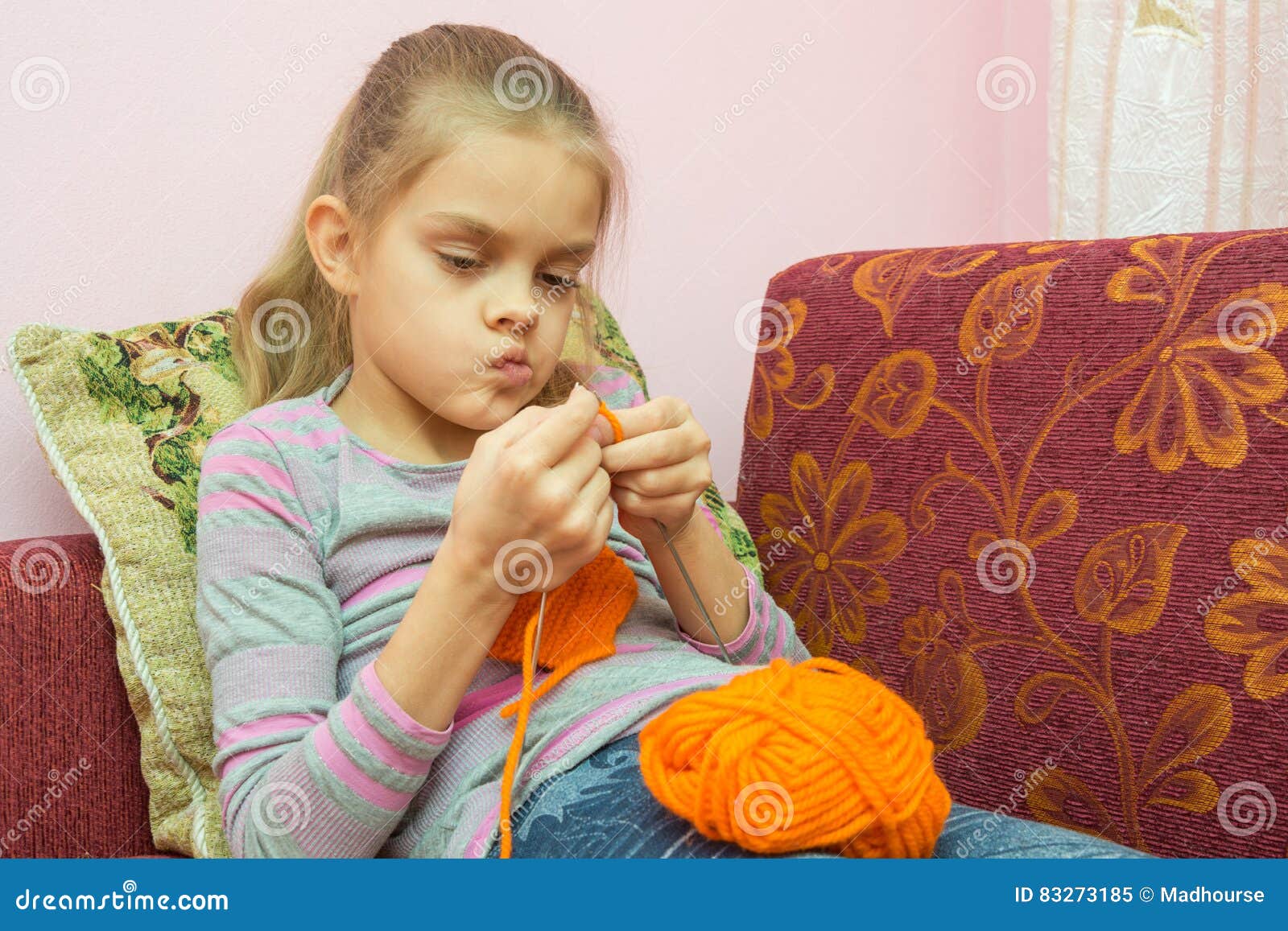 Girl Thought Doing Knitting Stock Image - Image of loop, interested ...