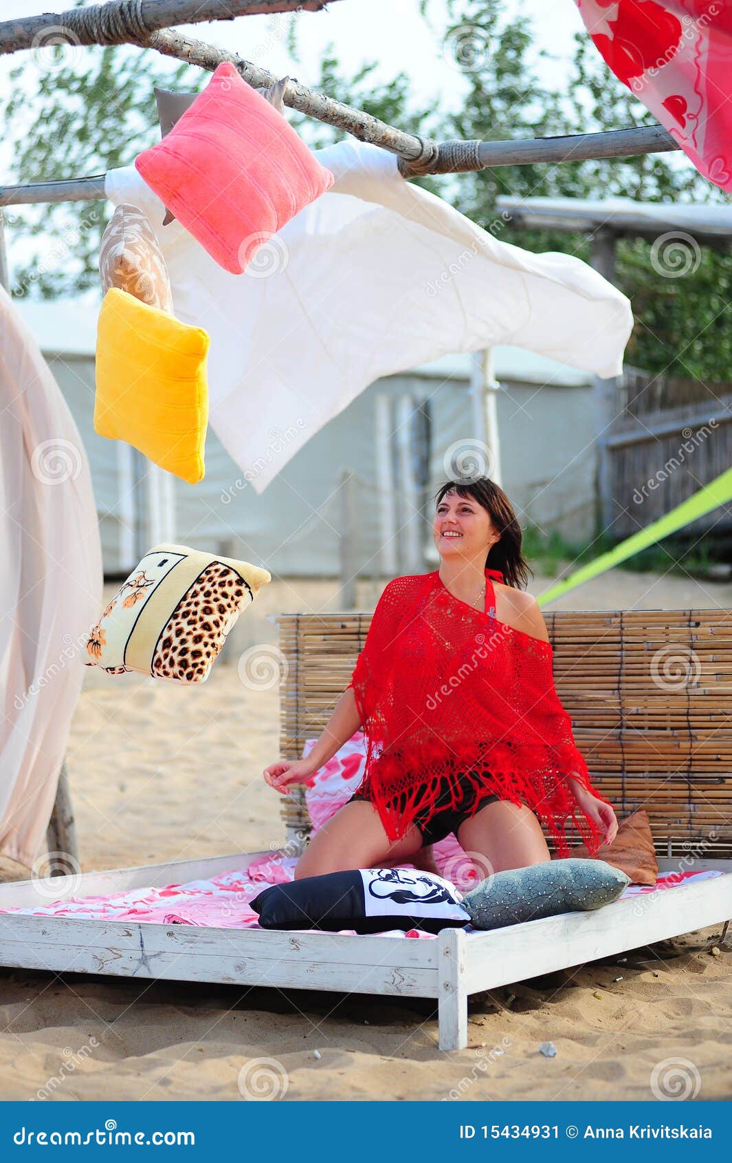 The Girl Throwing Up Pillows Stock Image - Image of female, beautiful ...