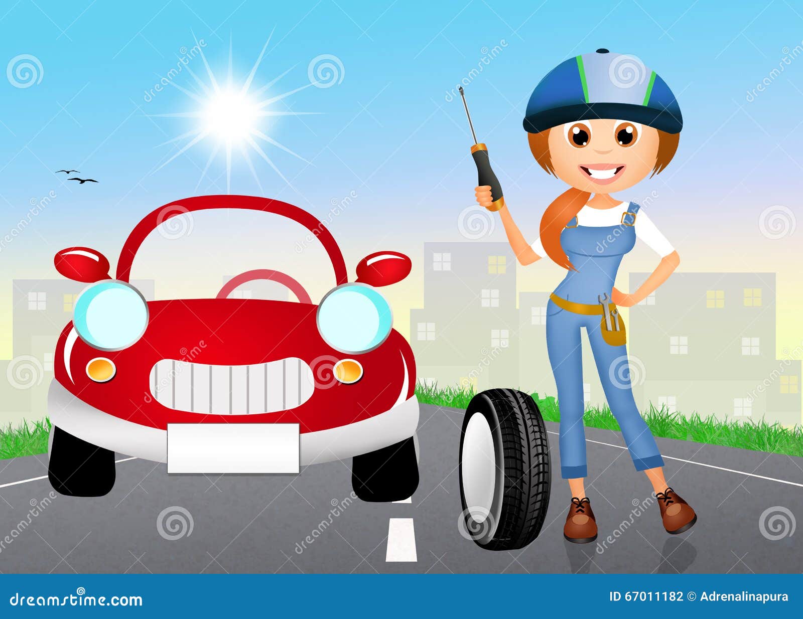 Girl tire changing machine stock illustration. Illustration of ...