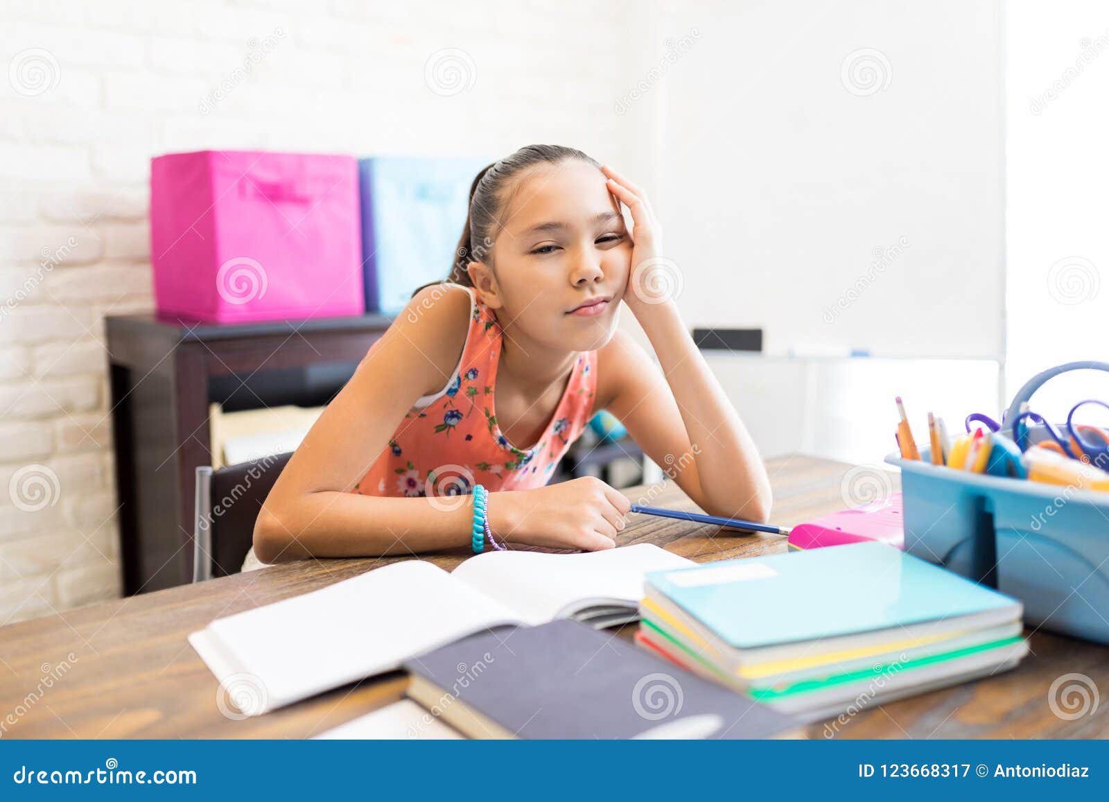 Girl Tired of Doing Homework at Table Stock Image - Image of lifestyle ...