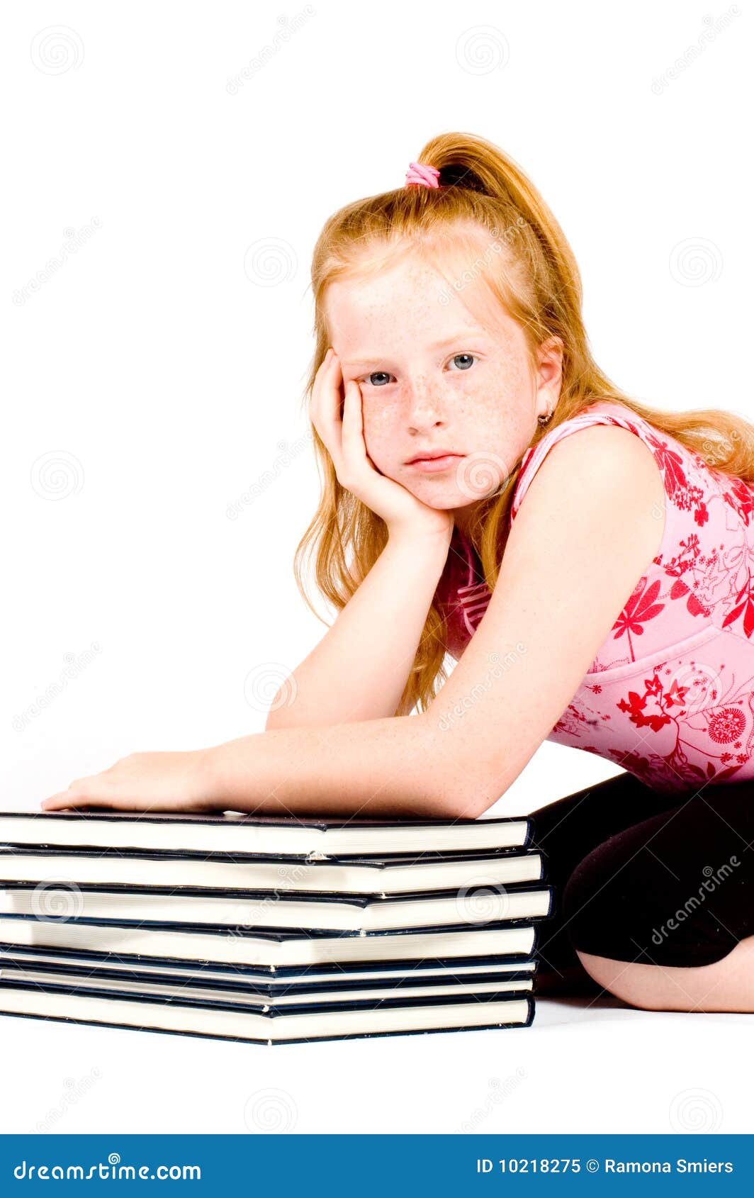 Girl is Tired after Reading a Stack of Books Stock Image - Image of ...