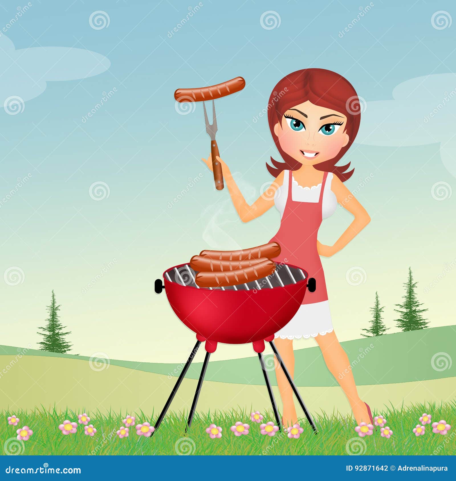 Girl to the barbecue stock illustration. Illustration of charcoal ...
