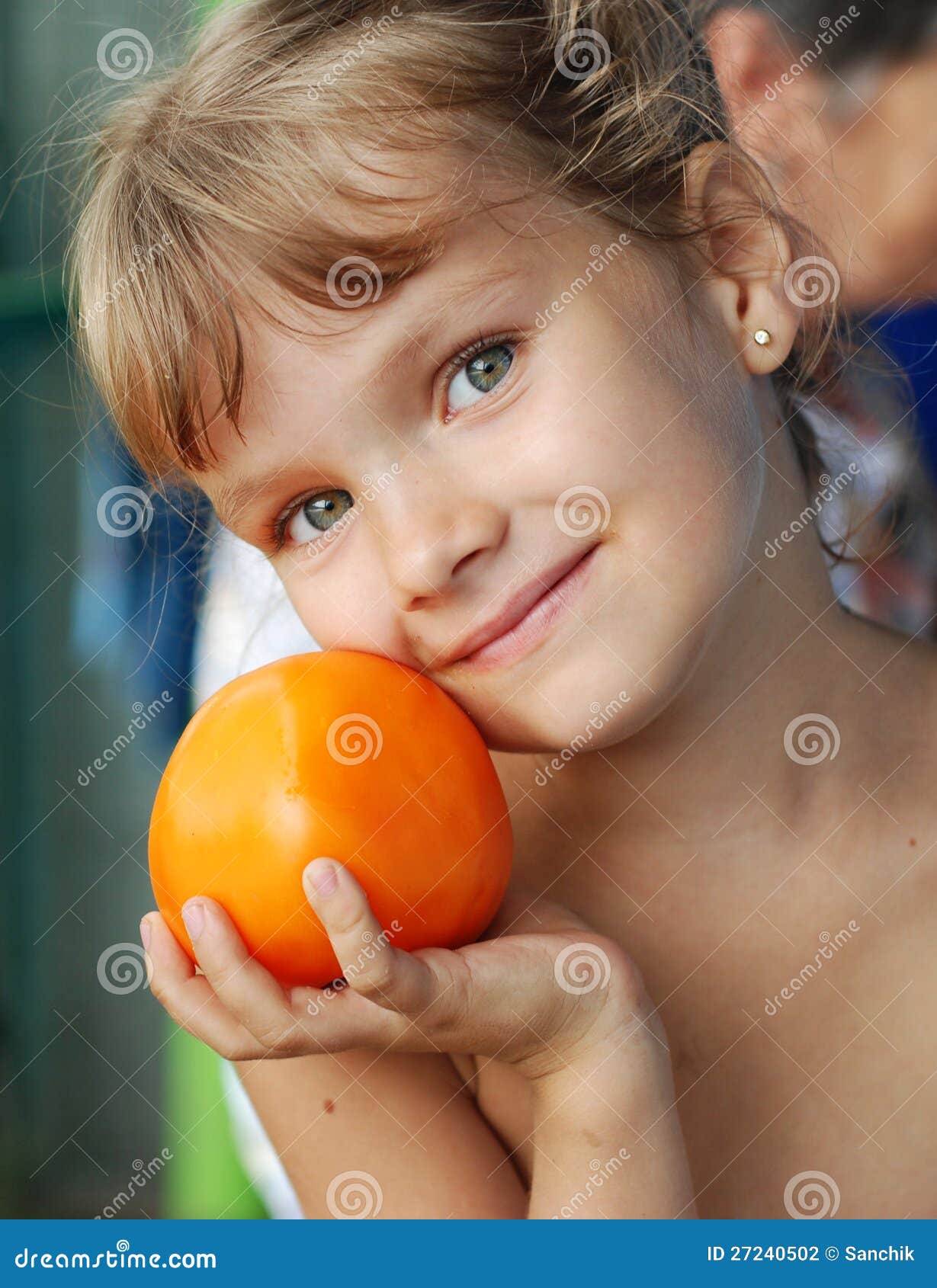 Girl with tomato stock photo. Image of pigtails, child - 27240502