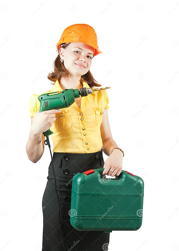 Girl with Tool Box and Drill Stock Image - Image of contractor ...