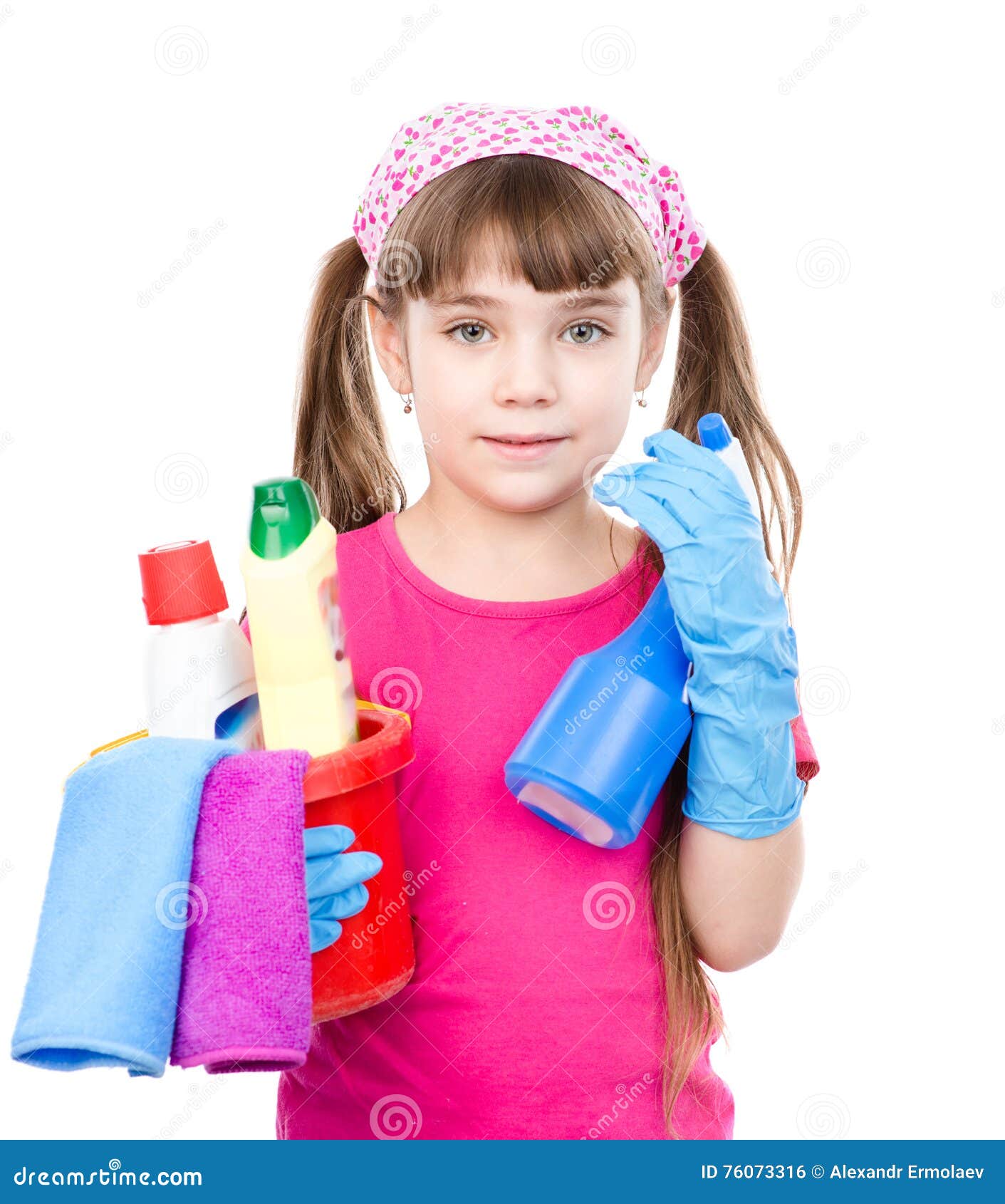 Girl with Tools for House Cleaning. Isolated on White Background Stock ...