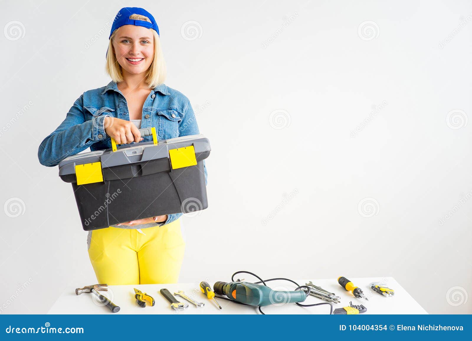 Girl with tools stock photo. Image of hammer, person - 104004354
