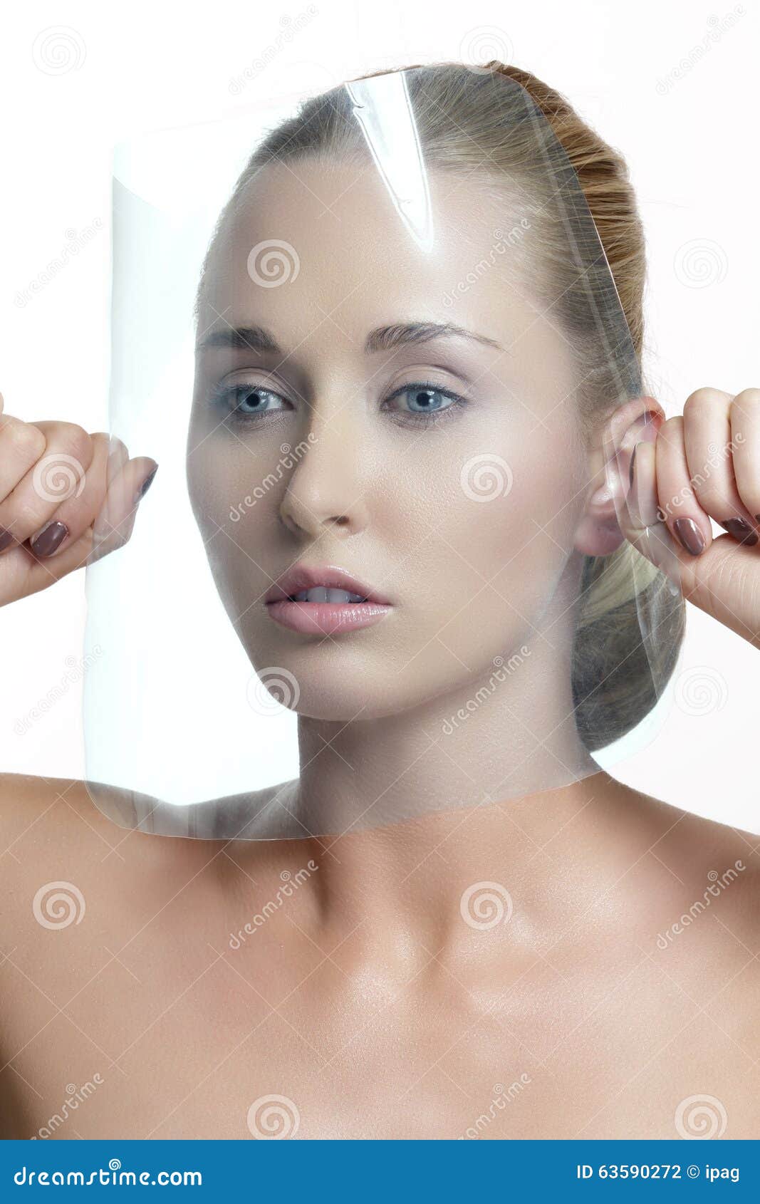 Girl with Transparent Shield in Front Her Face Stock Photo - Image of ...